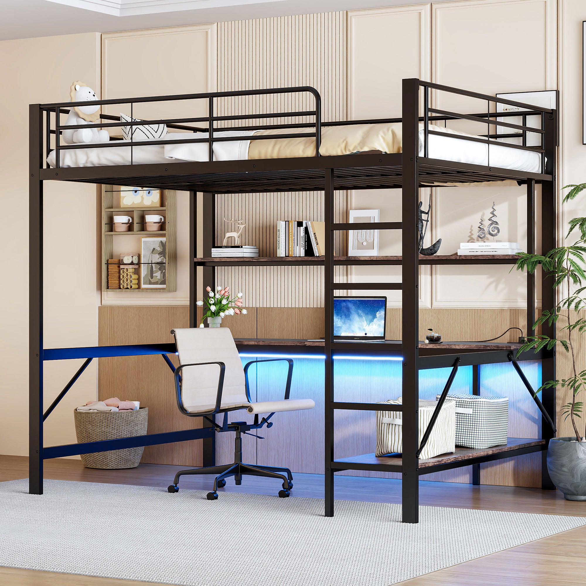 Lit mezzanine 140x200 cm, USB + prise électrique, LED intégrée, bureau ...