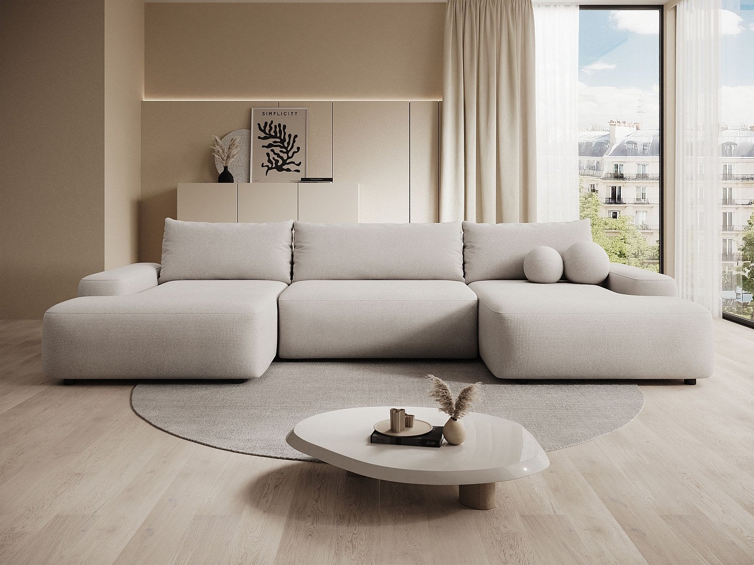 Grand canapé d'angle panoramique convertible en tissu texturé beige ...