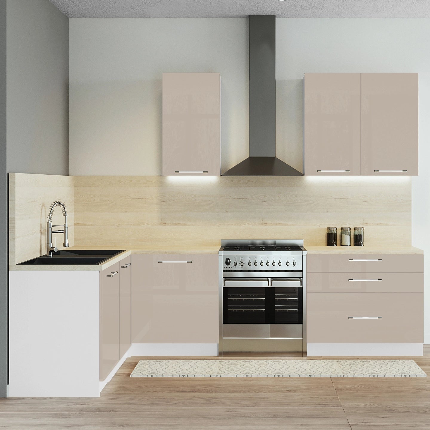 Cuisine complète d'angle 260cm 6 meubles, façade laquée Beige, Poignées ...