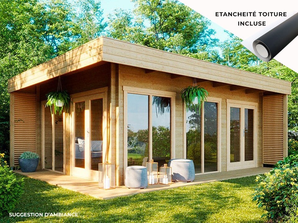 Chalet en Bois LUMIO 19,7M2 - 44 MM - 2 Doubles Portes + 3 Baies Fixes ...