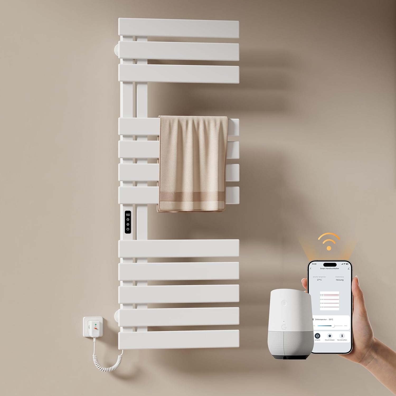 EMKE Grzejnik elektryczny łazienkowy 440W 130x50 cm Biały - WiFi+TUYA+Głos (Google/Alexa ...