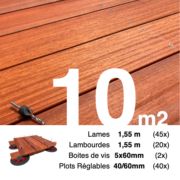 Kit complet terrasse bois exotique PADOUK pour 10 m² • Lames 1,55 m ...