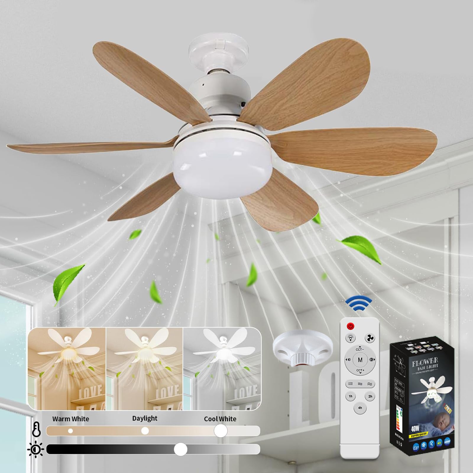 Ventilateur de plafond avec éclairage et télécommande, 40 W, 3 000 K-6 ...