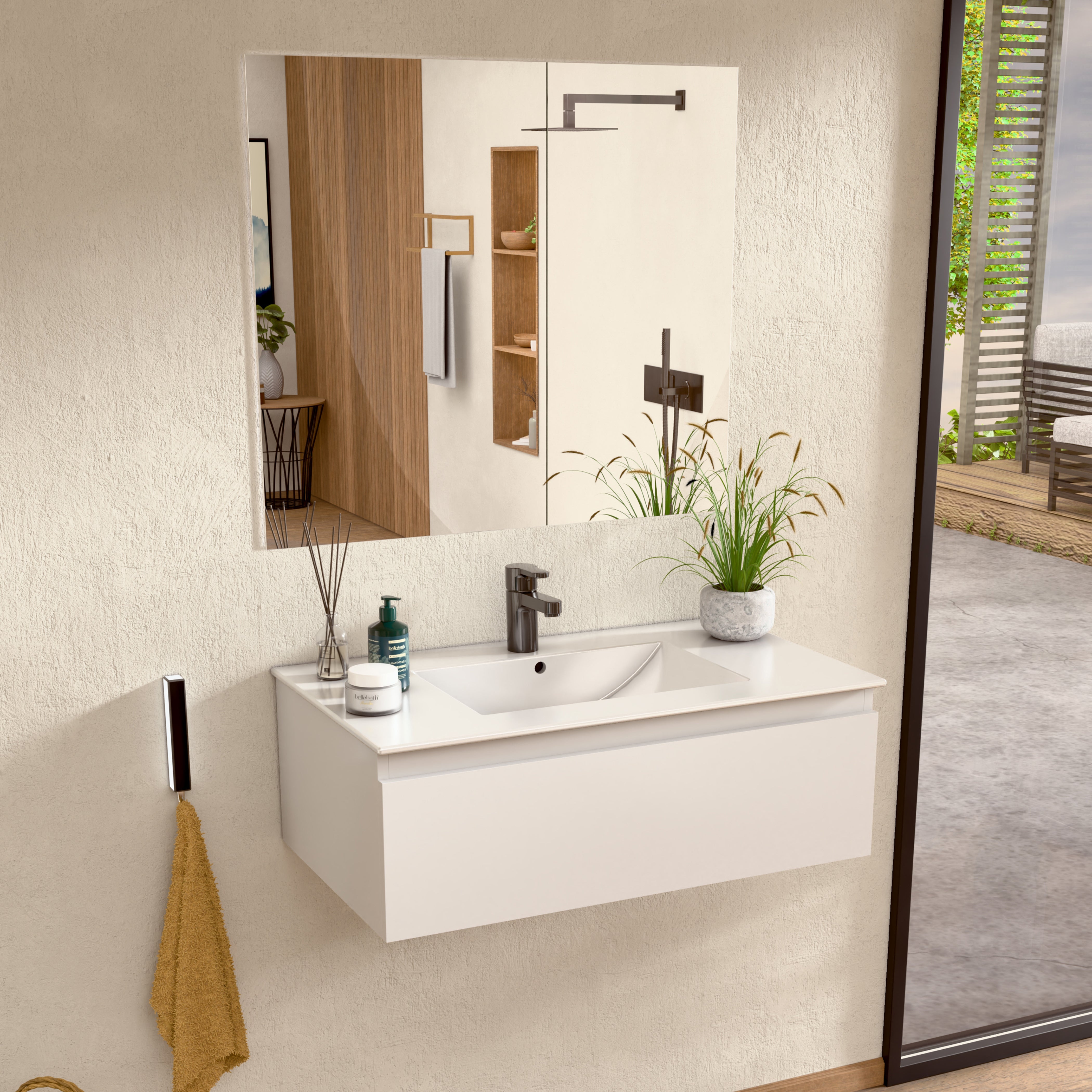 BELLOBATH - Mueble de baño suspendido con lavabo de cerámica y espejo ...