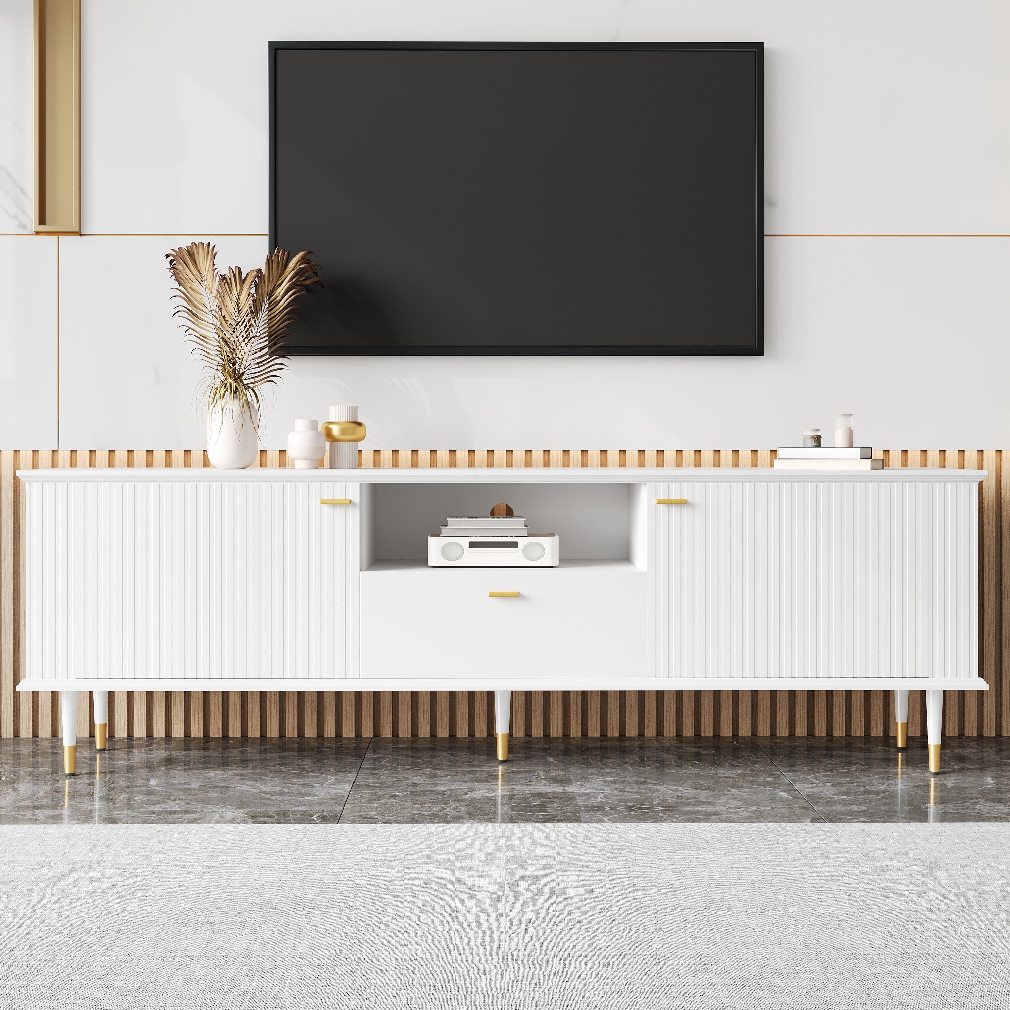 Meuble TV Élégant Blanc+Doré 170cm - 2 portes+1 tiroir+Compartiment ...