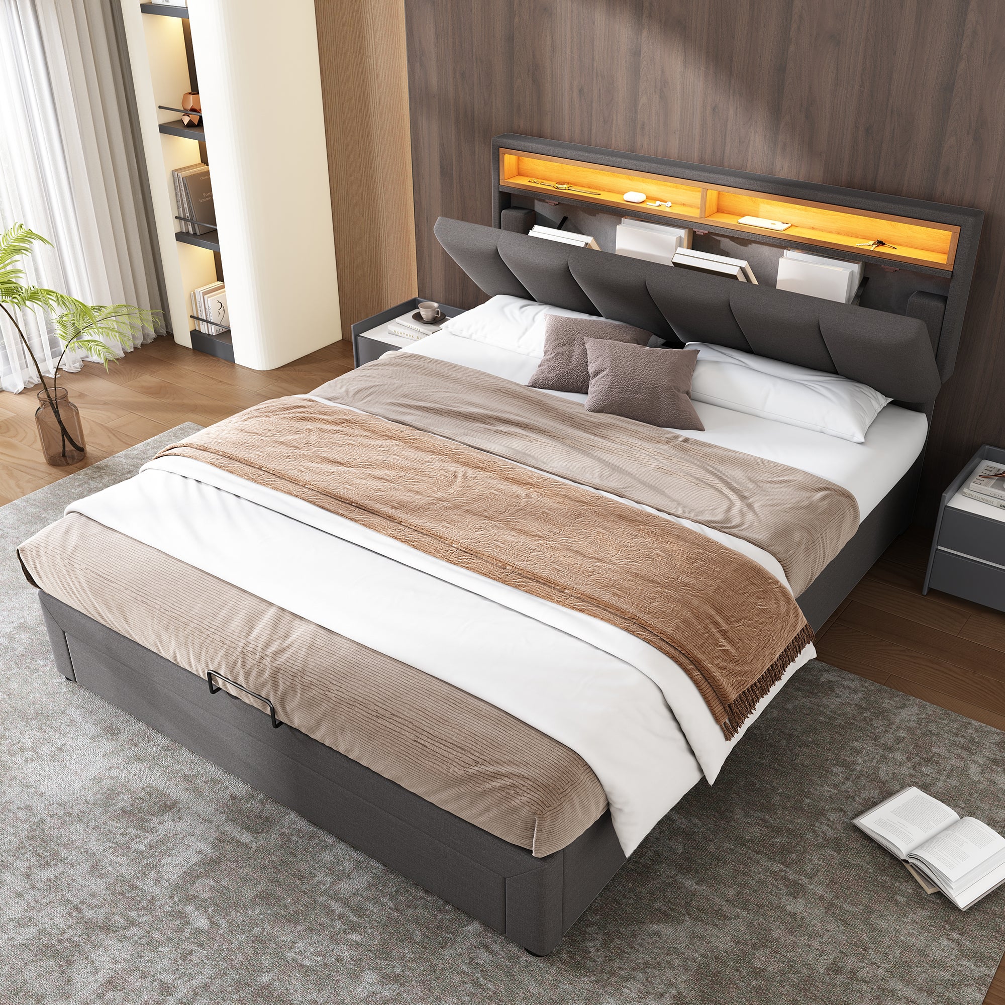 Cama tapizada 140 x 200 - Cama funcional hidráulica con espacio de almacenamiento e iluminación ...