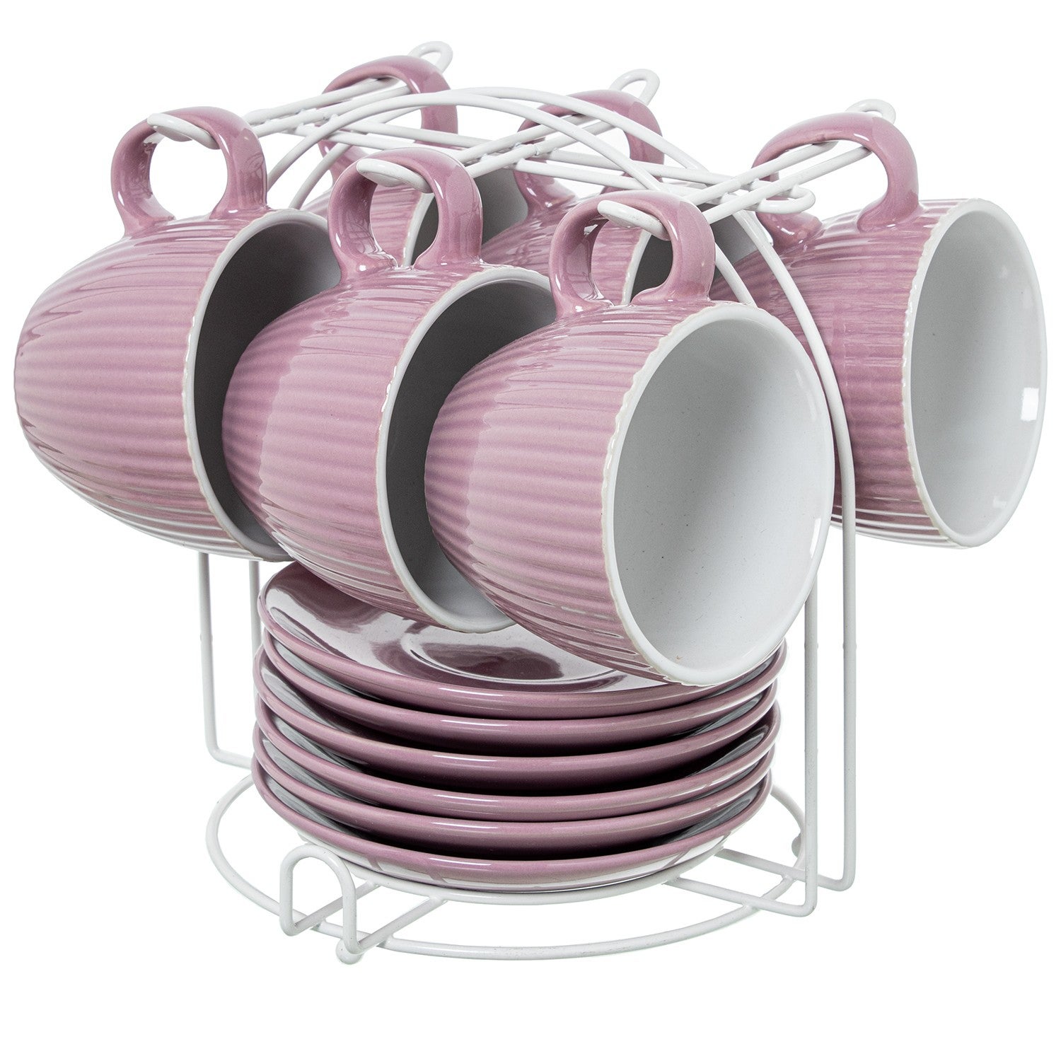 SET 6 TAZAS TÉ C/PLATO CERÁMICA ROSA PALO C/SOPORTE METAL BL- Envio ...