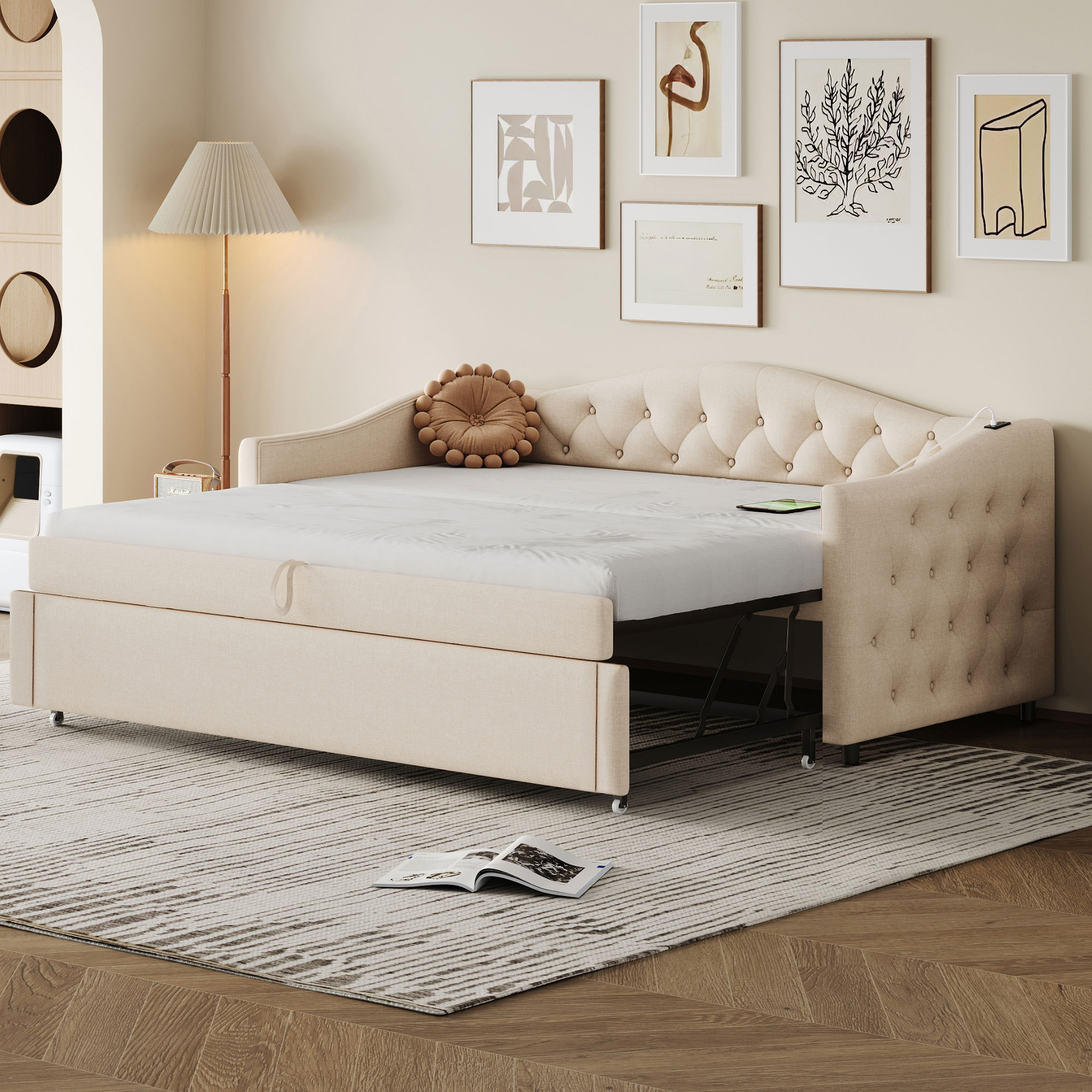 Canapé-lit extensible 90x200 cm - Sommier à lattes et USB - Tissu lin ...