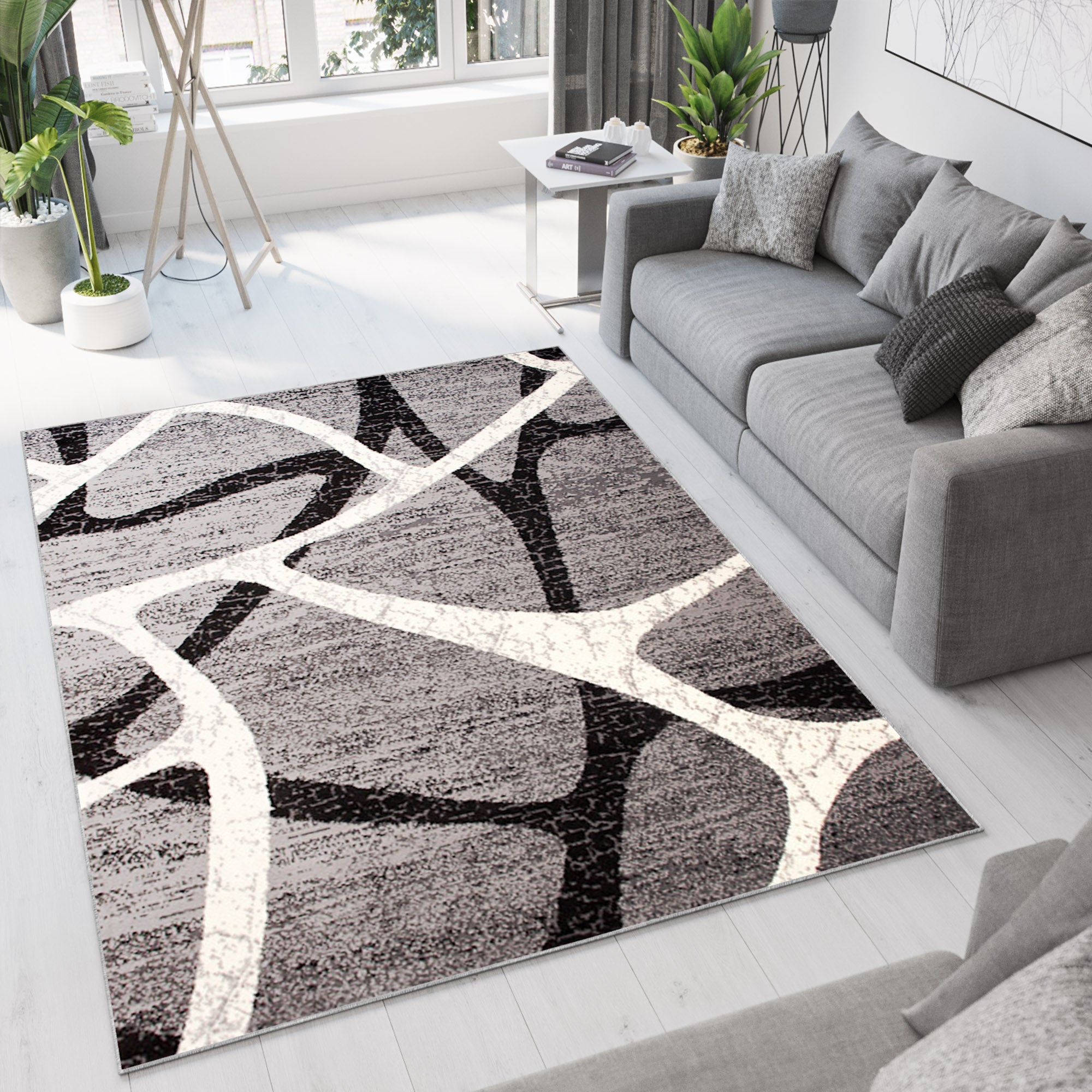 TAPISO Dream Tapis Salon Chambre Blanc Gris Noir Pierres Rayures Fin ...