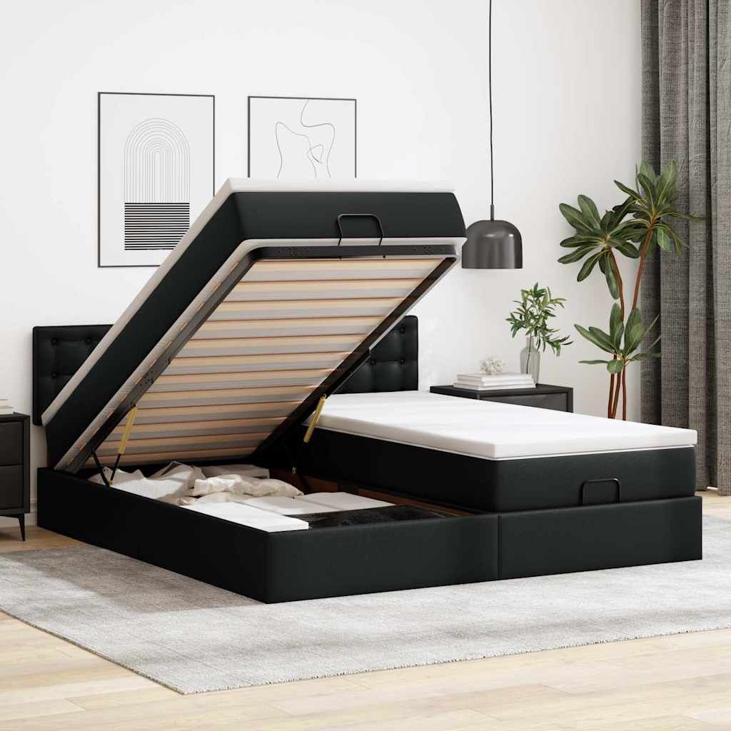 Estructura de cama otomana con colchones cuero sintético negro | Leroy ...