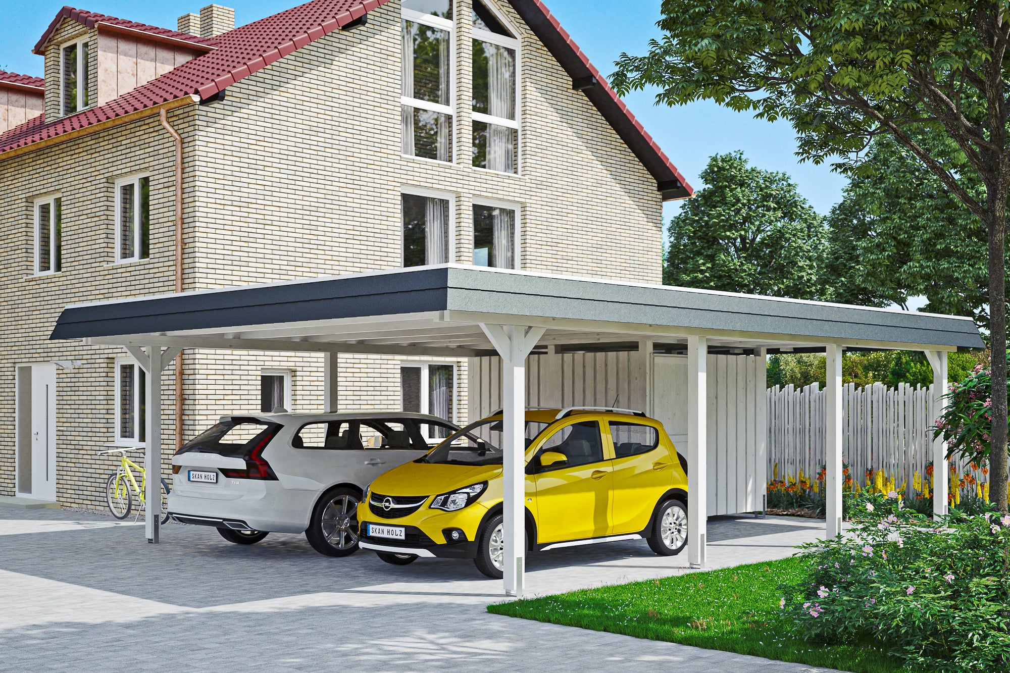 Carport bois SKAN HOLZ Wendland 630x879cm avec remise, toit en aluminium, bandeau noir, bois ...