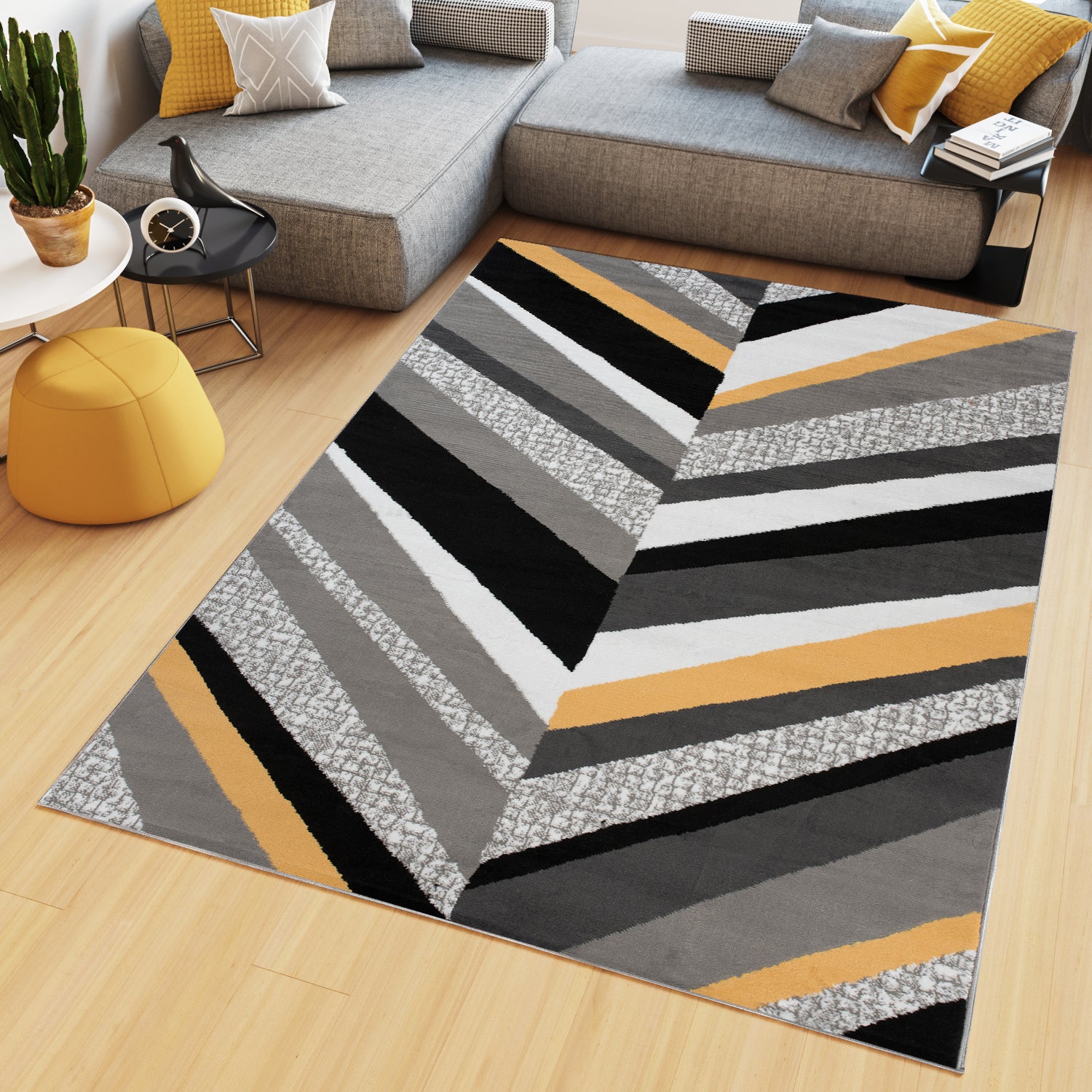 TAPISO Maya Tapis Salon Noir Gris Orange Blanc Géométrique Rayures Fin ...