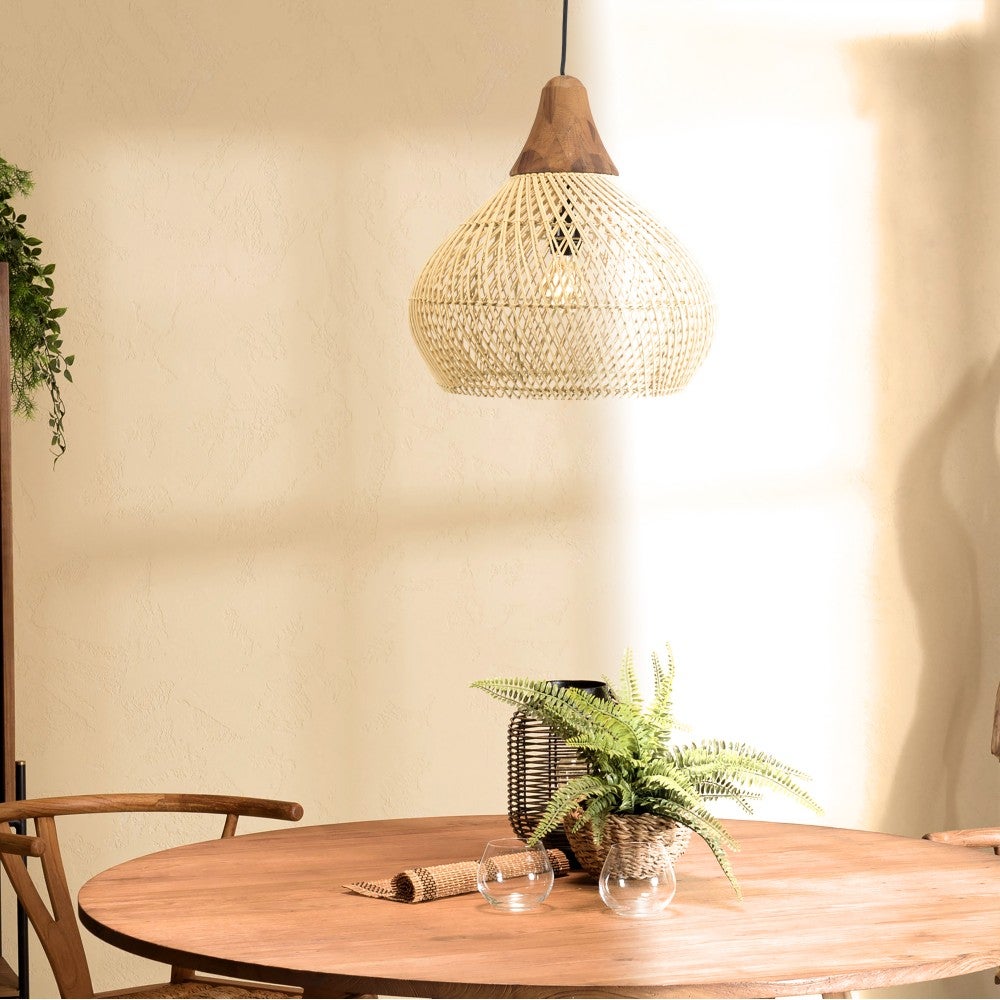 SIXTINE - Suspension 'cloche' 40x40cm bois de teck et rotin naturelle ...