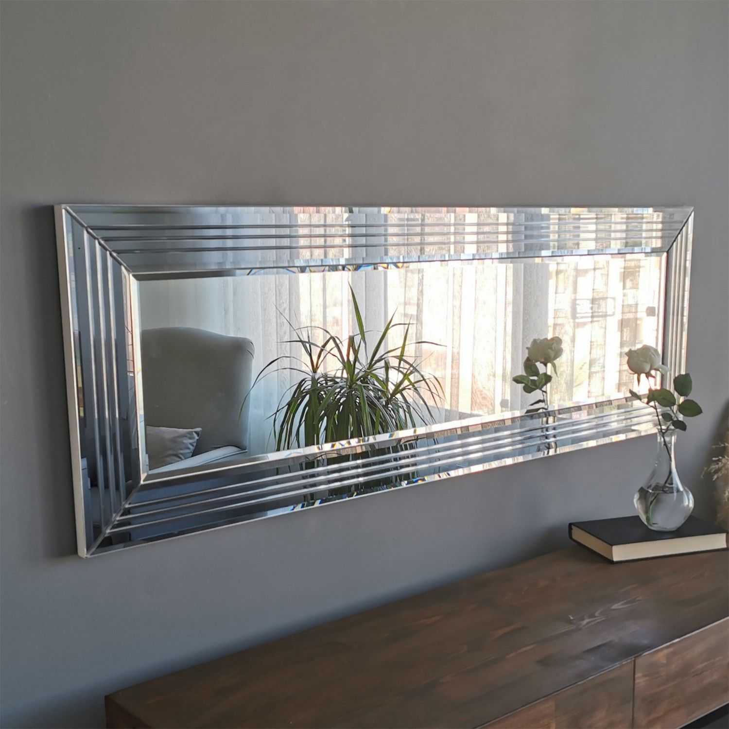 Miroir moderne encadré 120x40cm Compage Bois Argent | Leroy Merlin