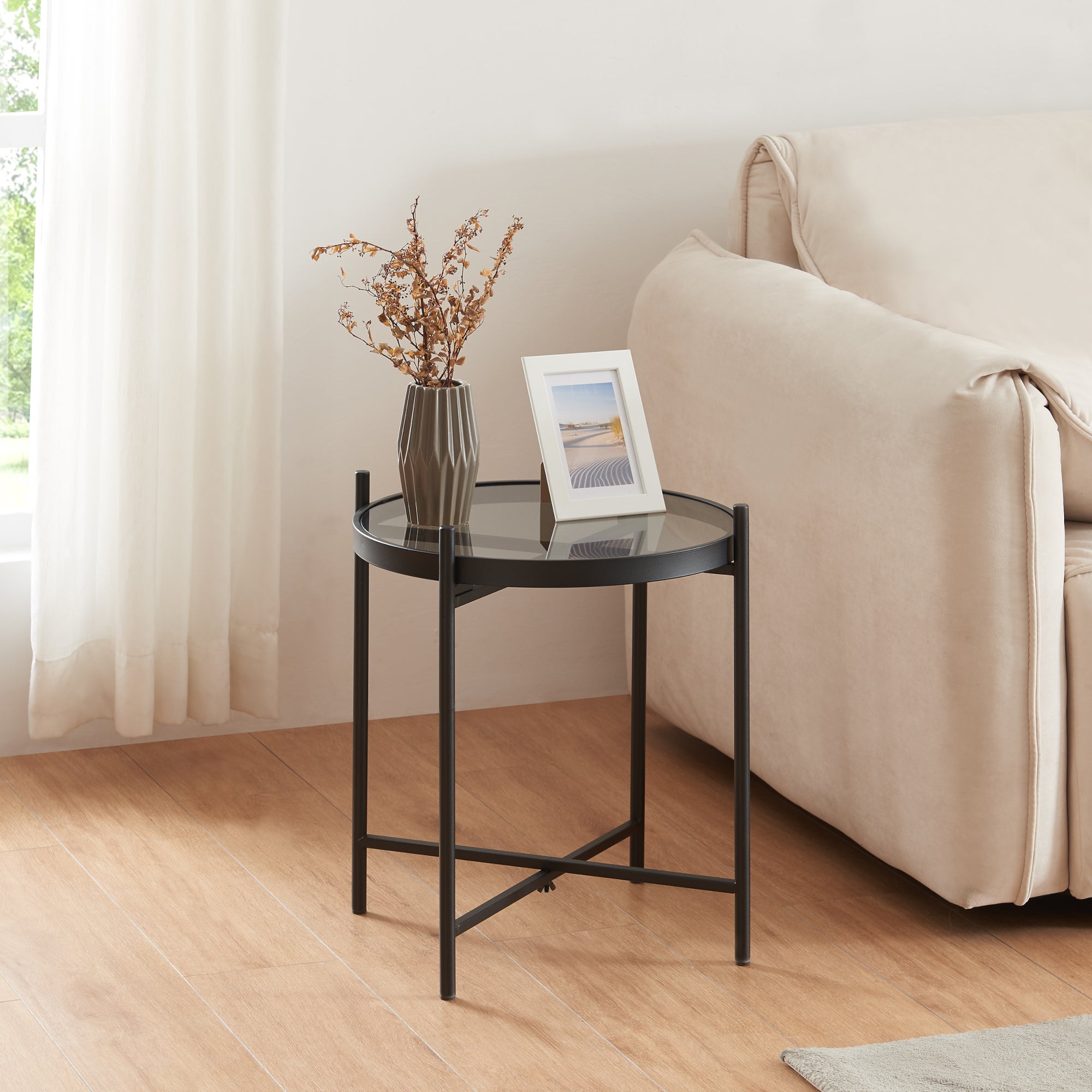 Table d'appoint ronde Lier verre trempé métal 46 x 42 cm noir [en.casa ...