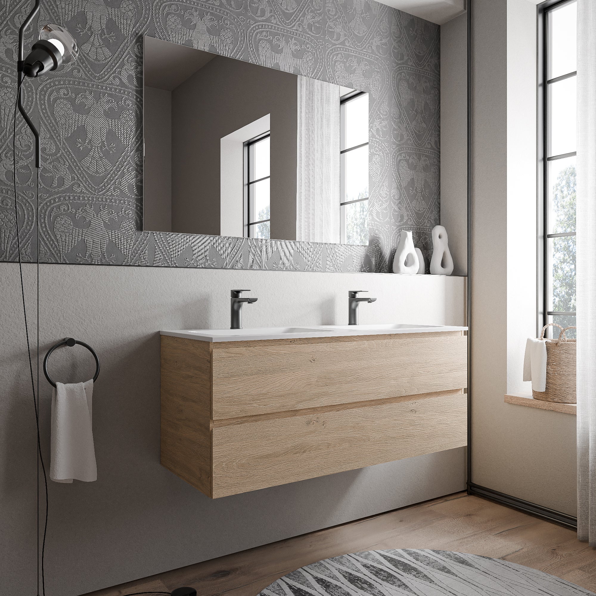 BERNSTEIN - Mueble lavabo doble suspendido MDF roble miel, 2 lavabos ...