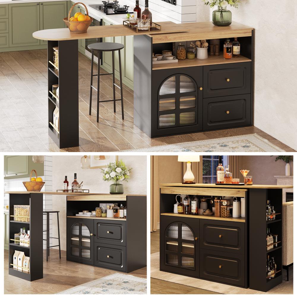 Buffet noir tournant 360° avec 2 tiroirs, étagères, portes en verre ...