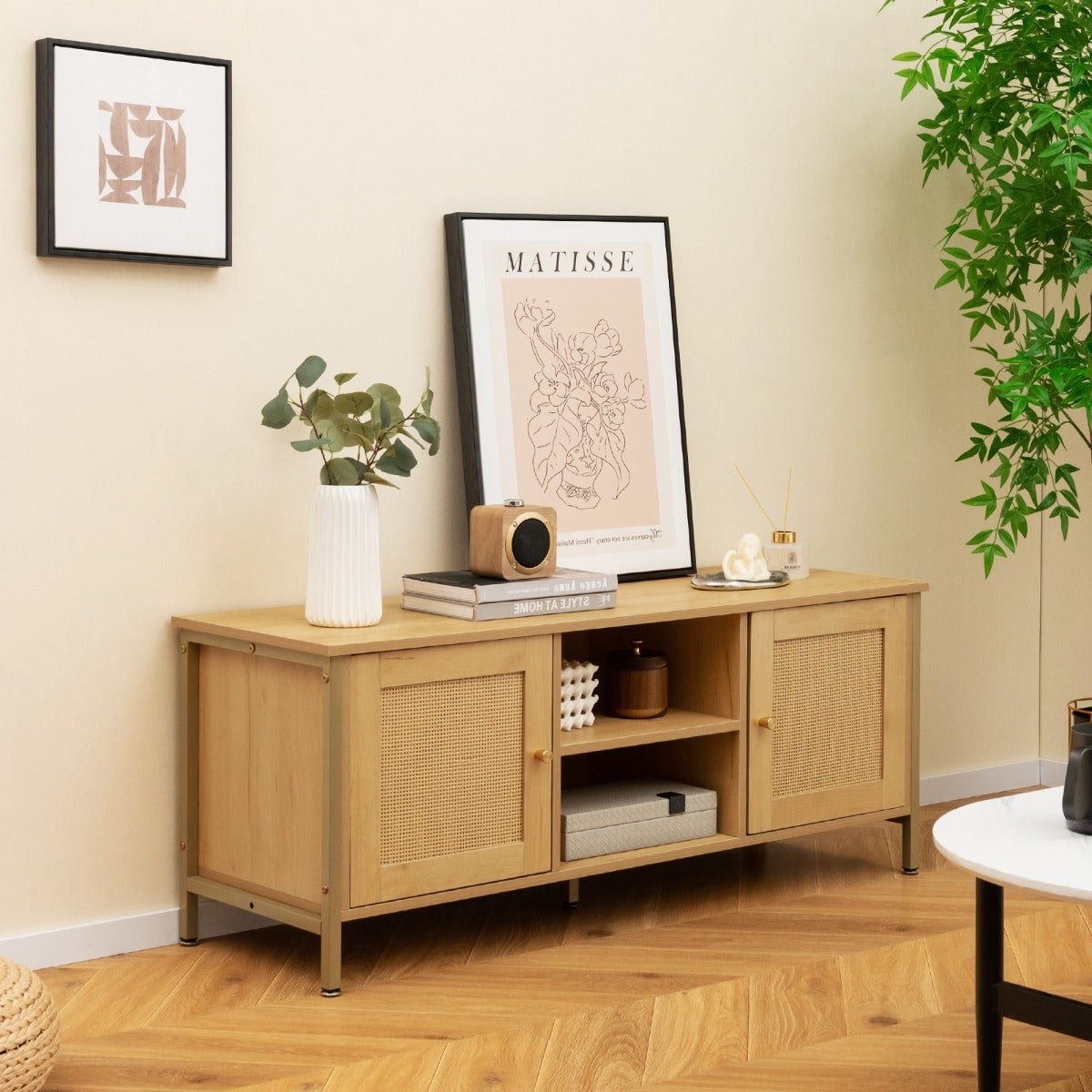 Meuble TV Boho Table Console Multimédia en Rotin Pe 2 Armoires Étagère ...