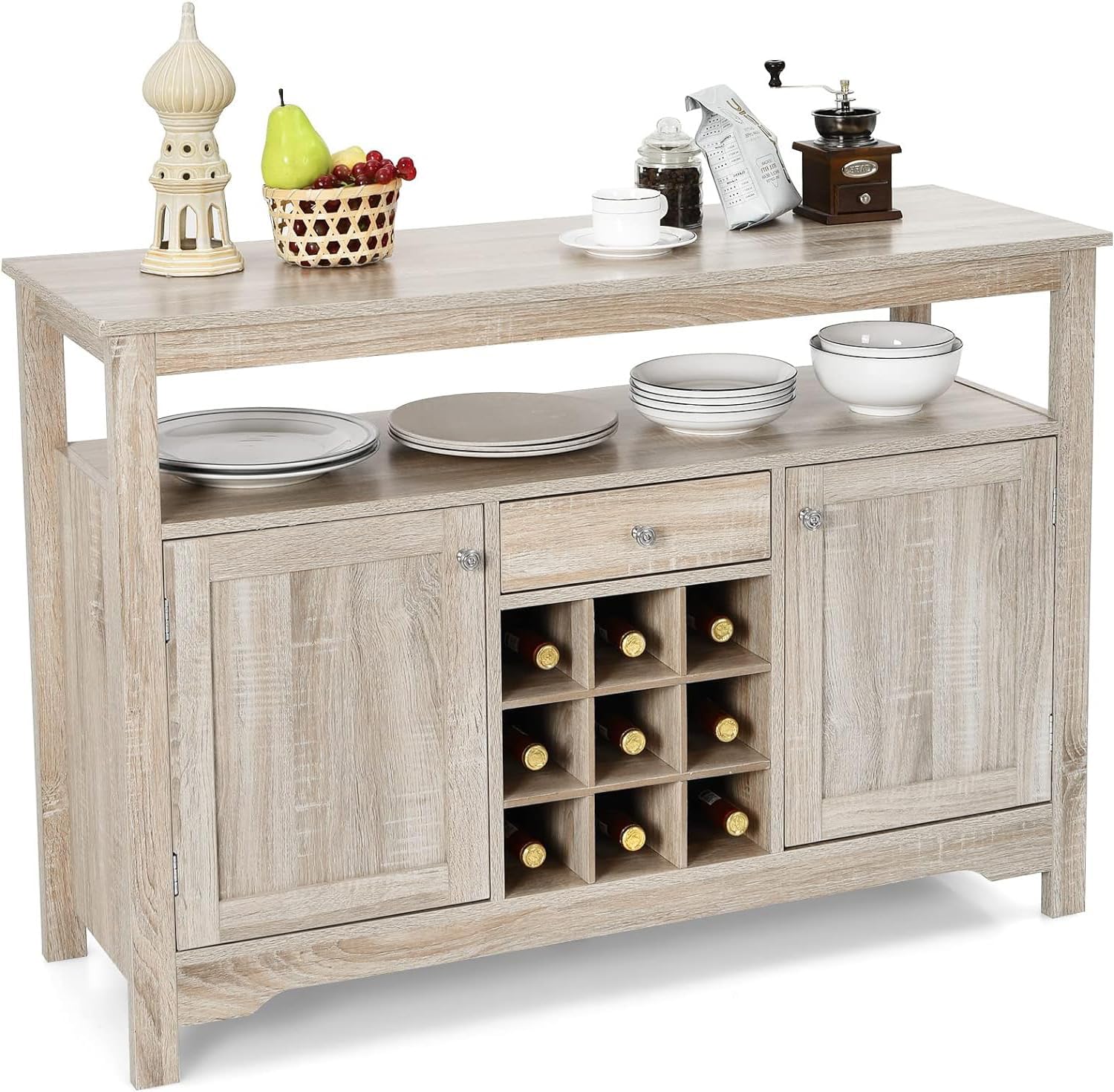 Buffet de Cuisine avec 2 Armoires, 1 Tiroir et 9 Cases Amovibles pour 9 ...