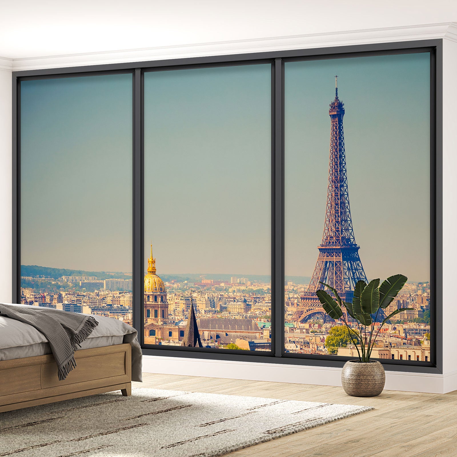 Papier peint panoramique Trompe l'oeil baie vitrée - Paris tour Eiffel ...