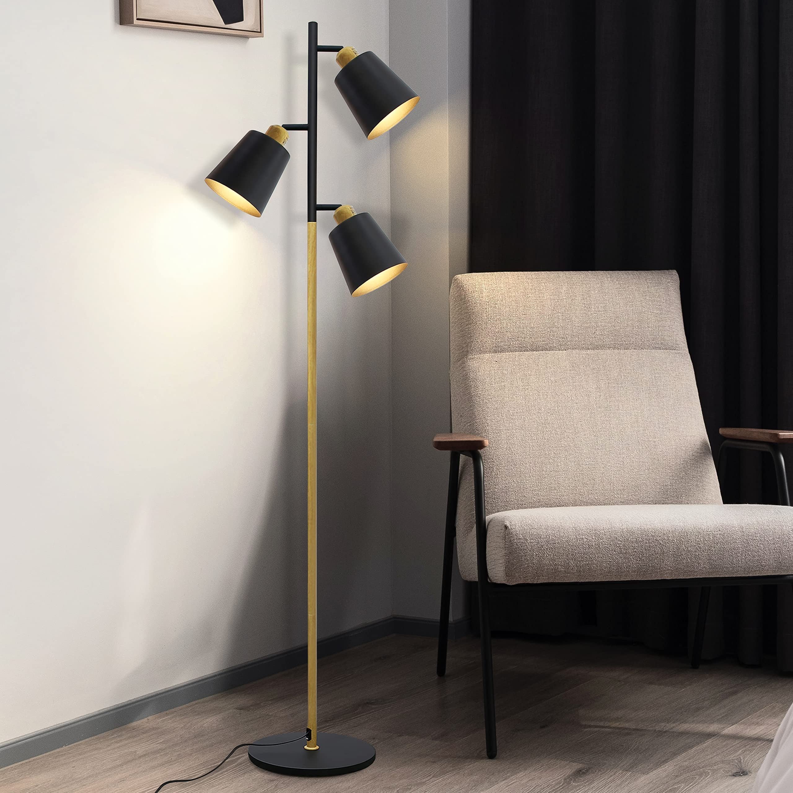 NETTLIFE Lámpara de pie negra vintage ajustable para salón 3 llamas ...