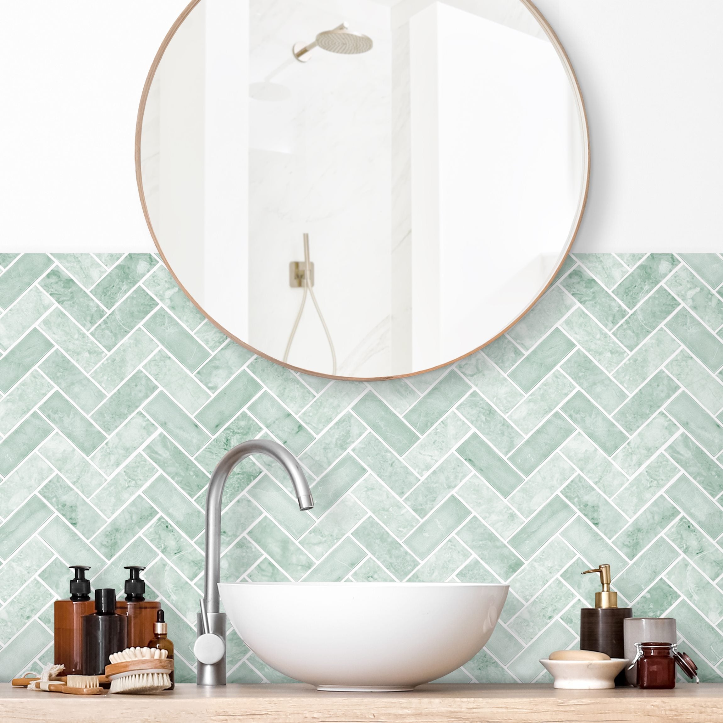 Revestimiento de pared para baño - Marble Fish Bone Tiles - Mint 200 x ...