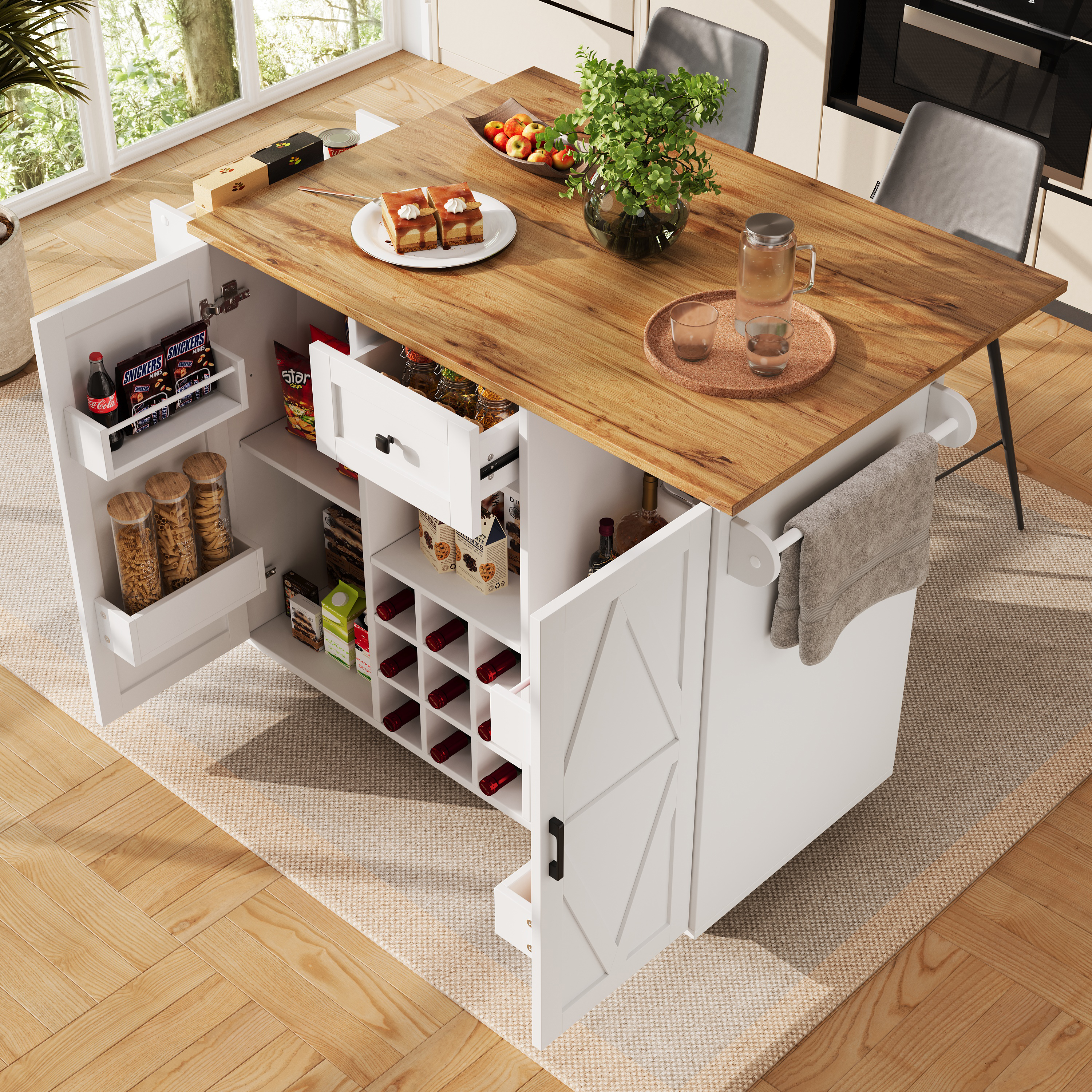 Isla de Cocina Moderna con Encimera Plegable, Almacenamiento, Estantes ...