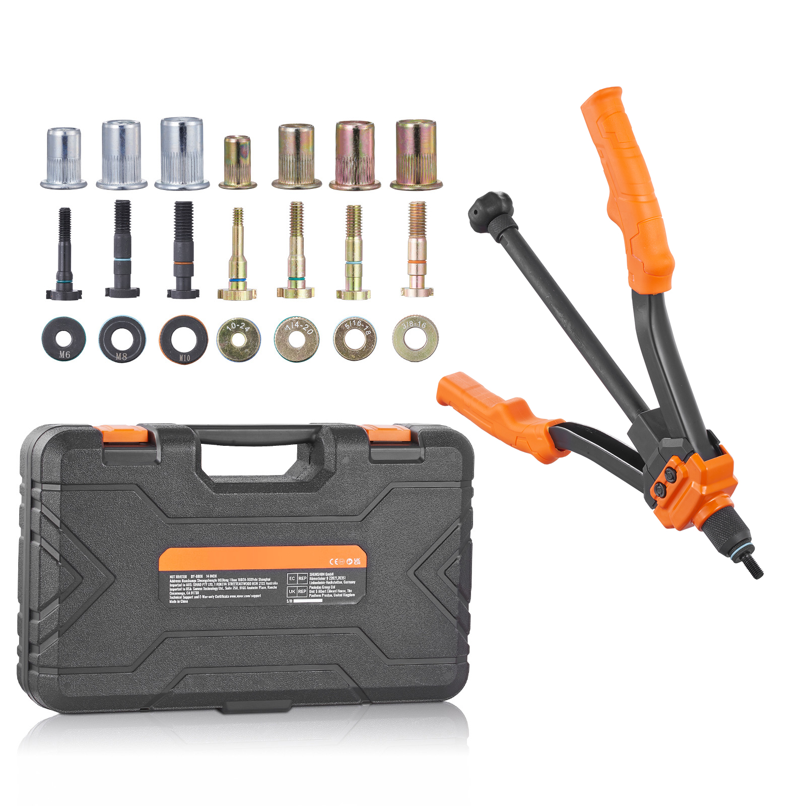 Kit de Herramientas para Tuercas de Remache 14", 7 Mandriles Métricos y SAE, 70 Tuercas ...