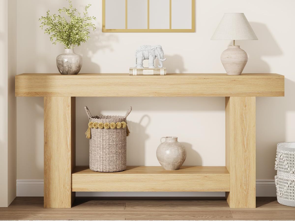 Mesa consola entrada 160 cm estilo rústico color madera, 2 niveles ...