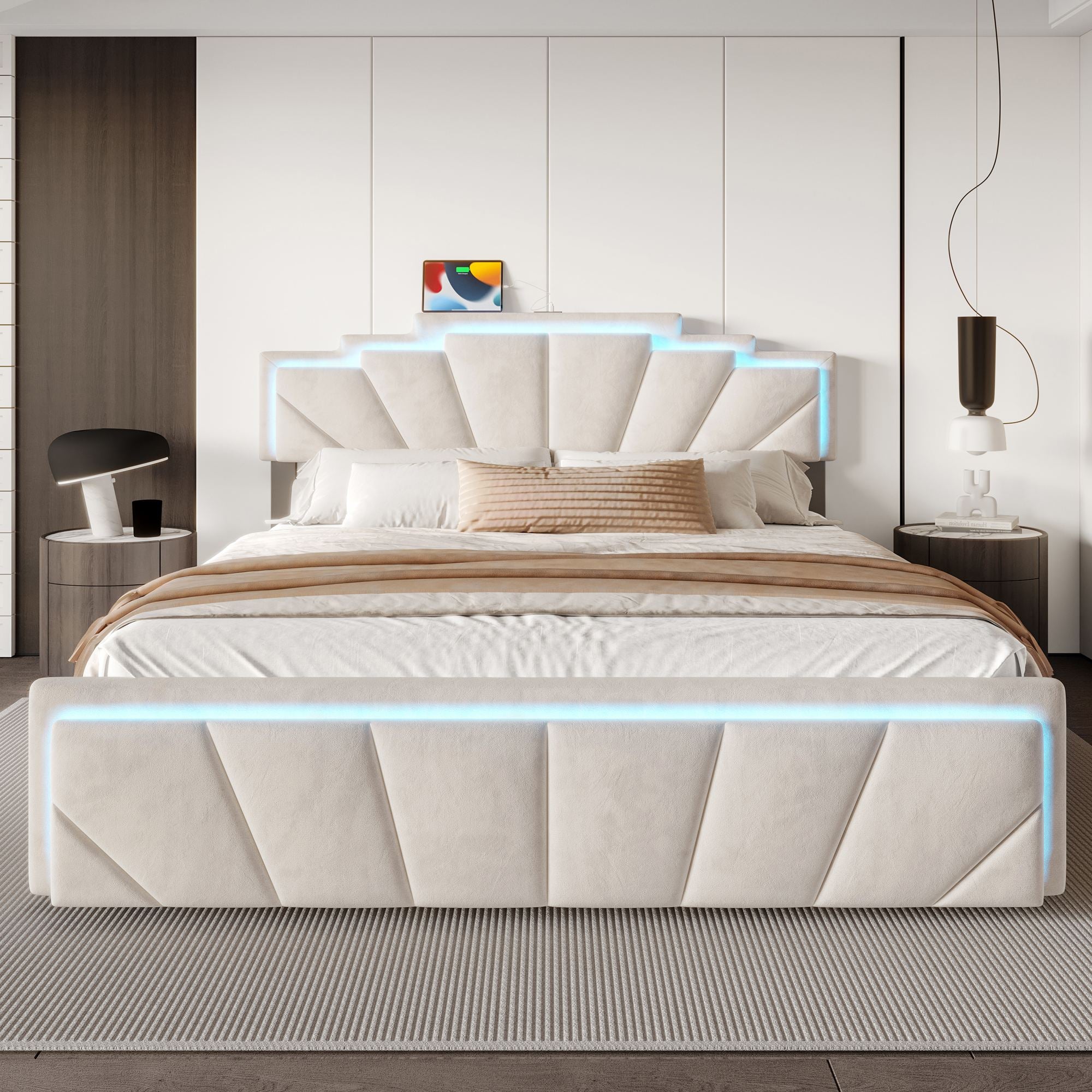 Lit moderne 160x200 cm - Design élégant, tête de lit trapézoïdale, LED ...