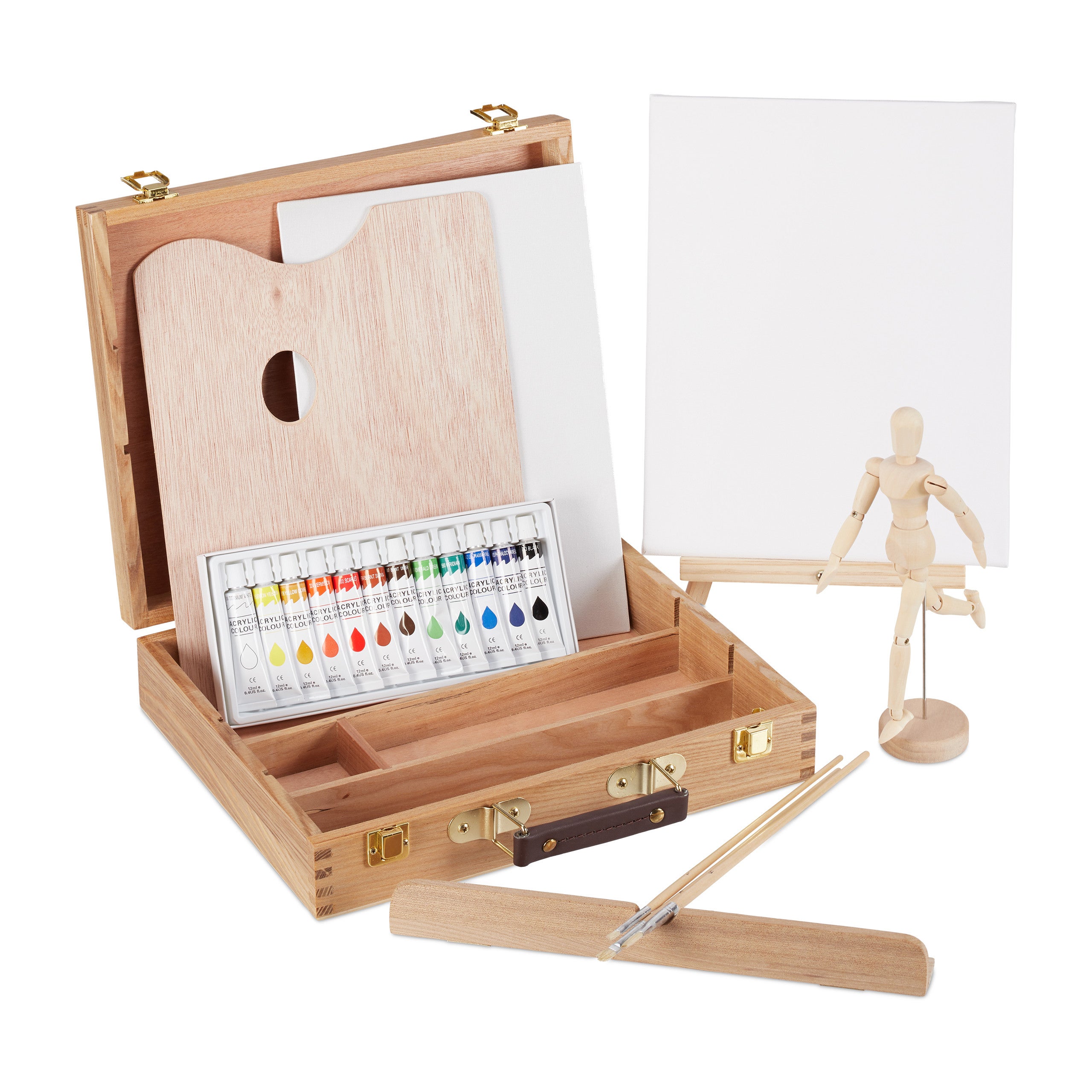 Mallette de peinture avec mannequin, palette, pinceaux, chevalet, toile ...