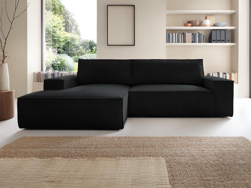 Canapé d'angle gauche convertible en velours côtelé noir AMELIA | Leroy Merlin
