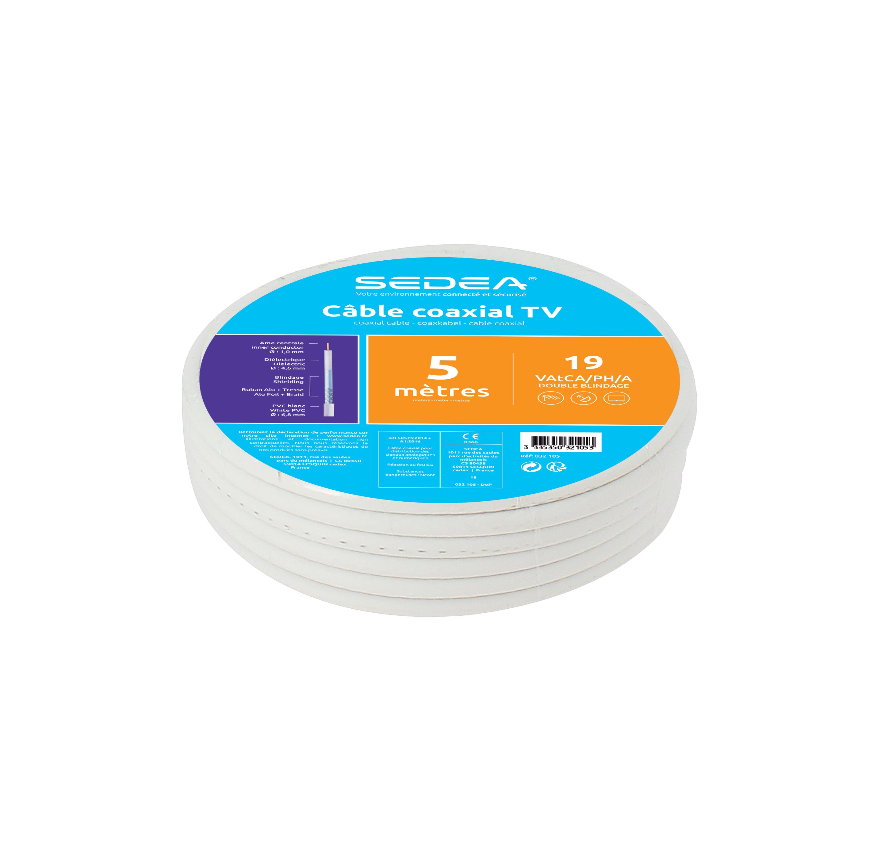 Câble coaxial 19 VAtCA/PH/A Double Blindage en couronne de 5 mètres ...
