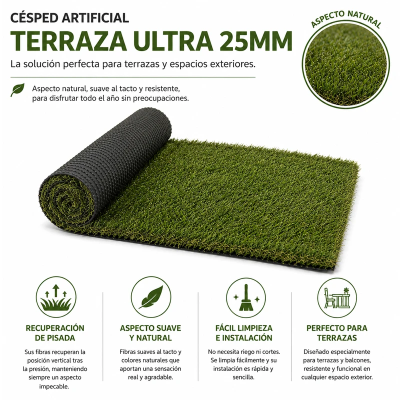Arquiservi - Césped artificial Terraza Ultra 25mm /Rollo 2 x 10m (20m² ...