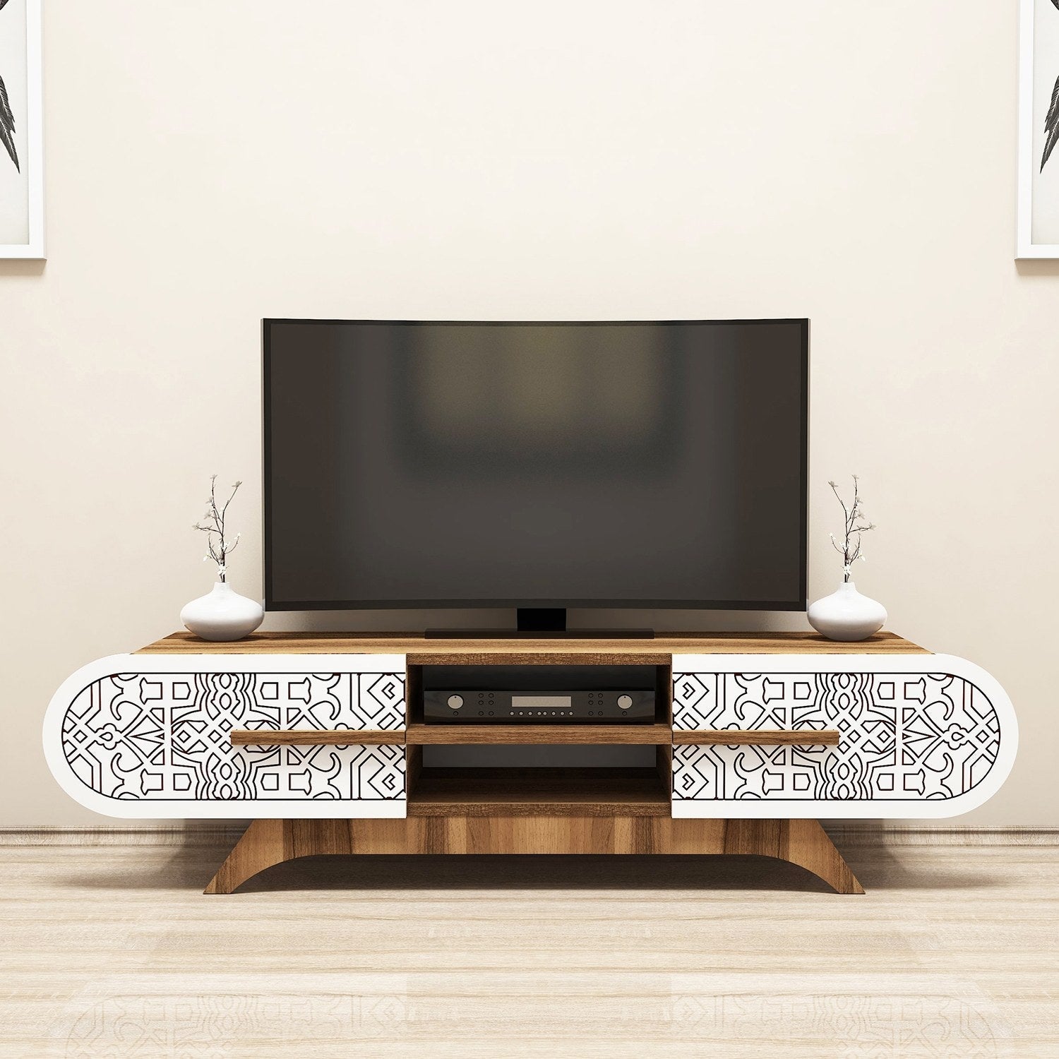 Elegante mueble de TV en nogal y crema, 145 x 37 x 37 cm | Tablero de ...