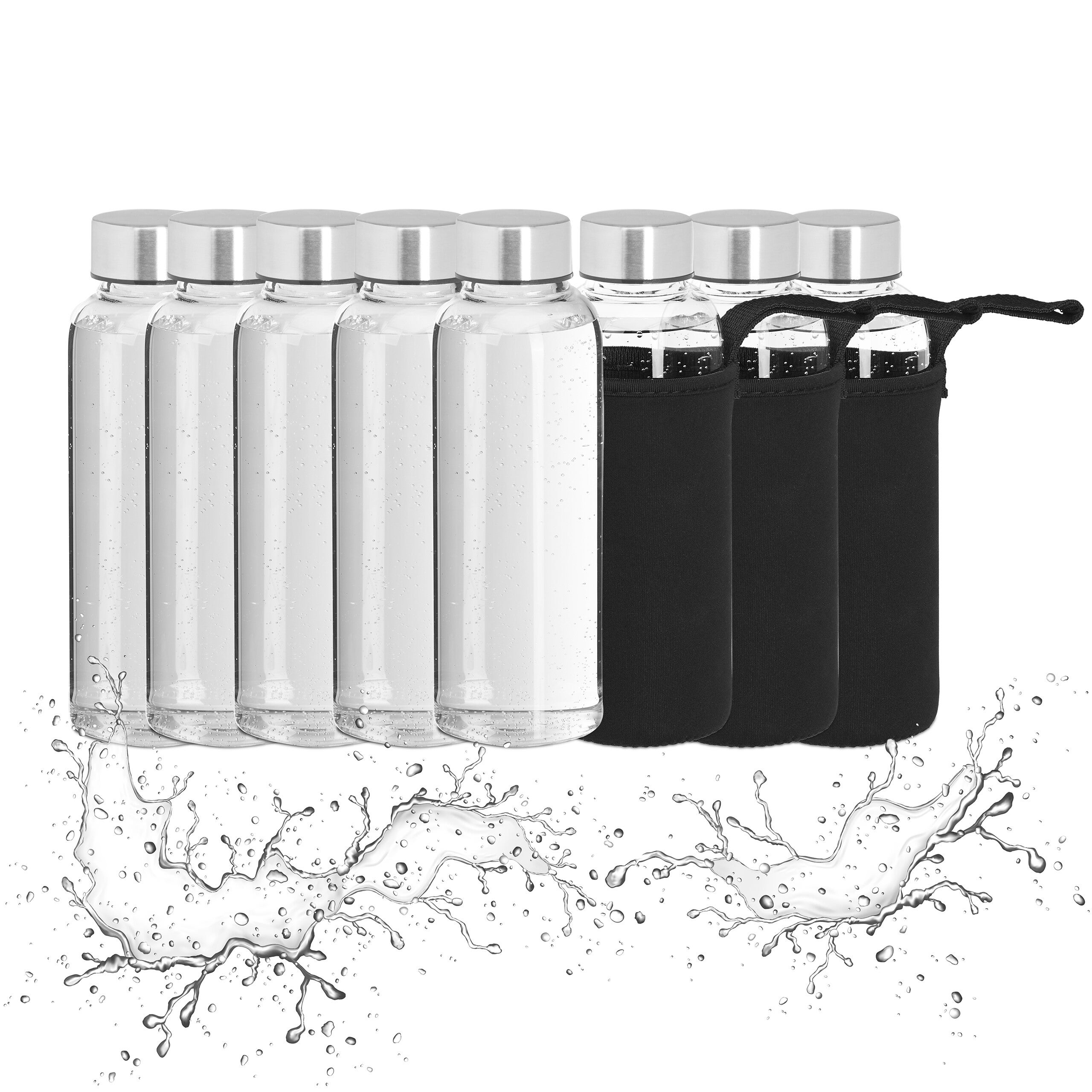 Relaxdays Gourde en set de 8, verre, 360 ml, étanche, avec housse, H x ...