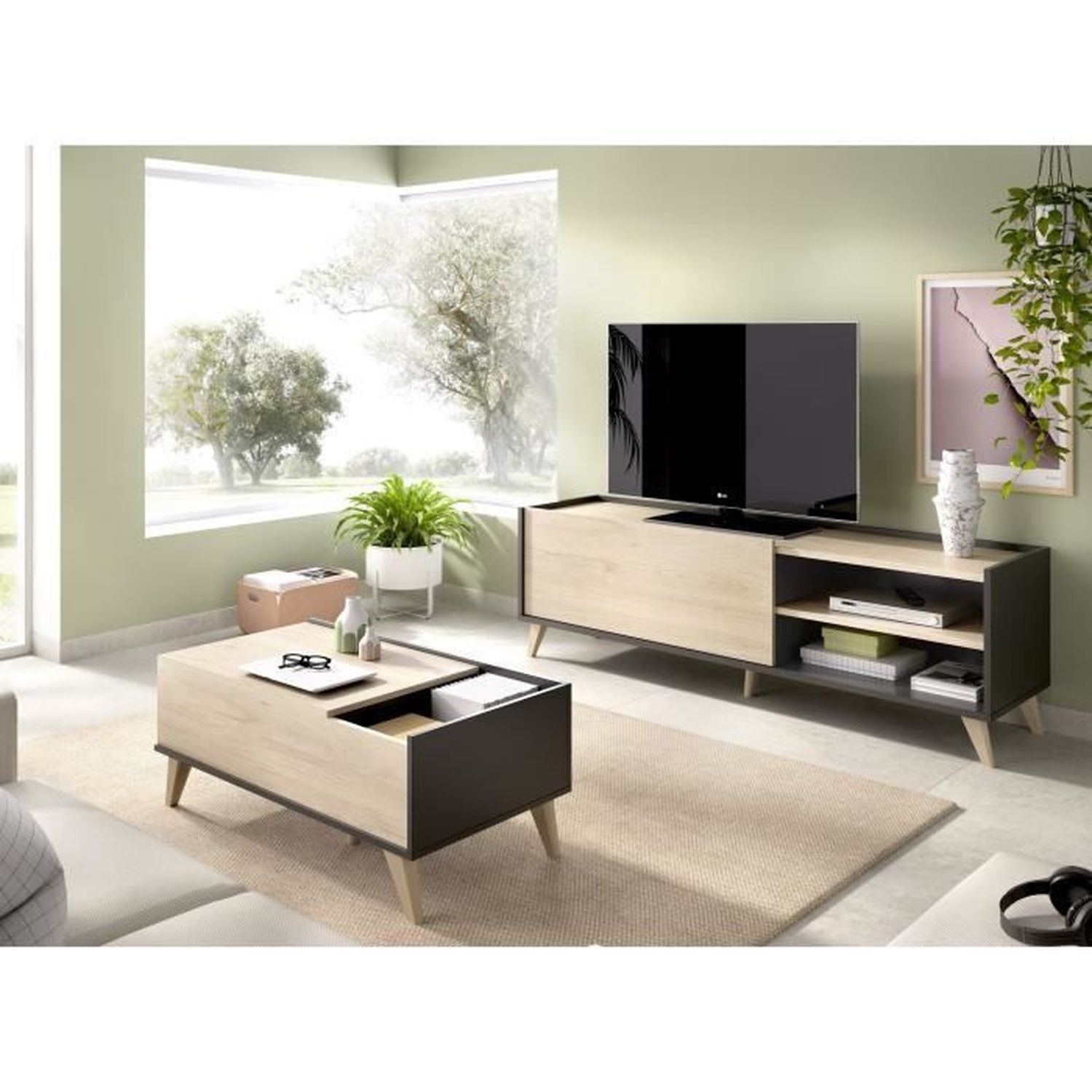 Conjunto de salón NESS: mueble TV + mesa de centro elevable Melamina ...