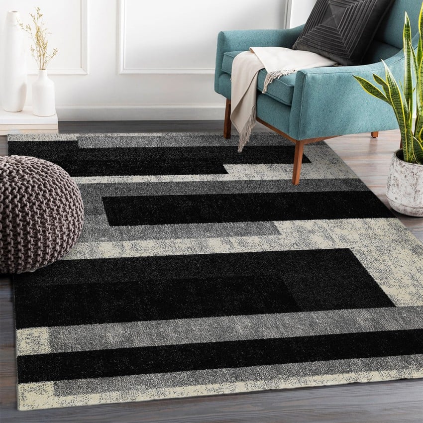 Tapis moderne design géométrique à poil court gris blanc noir GRI224 ...