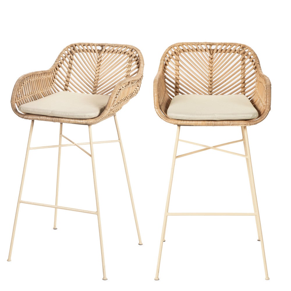 Lot de 2 tabourets de bar en rotin pieds beiges H68cm - Naturel | Leroy ...