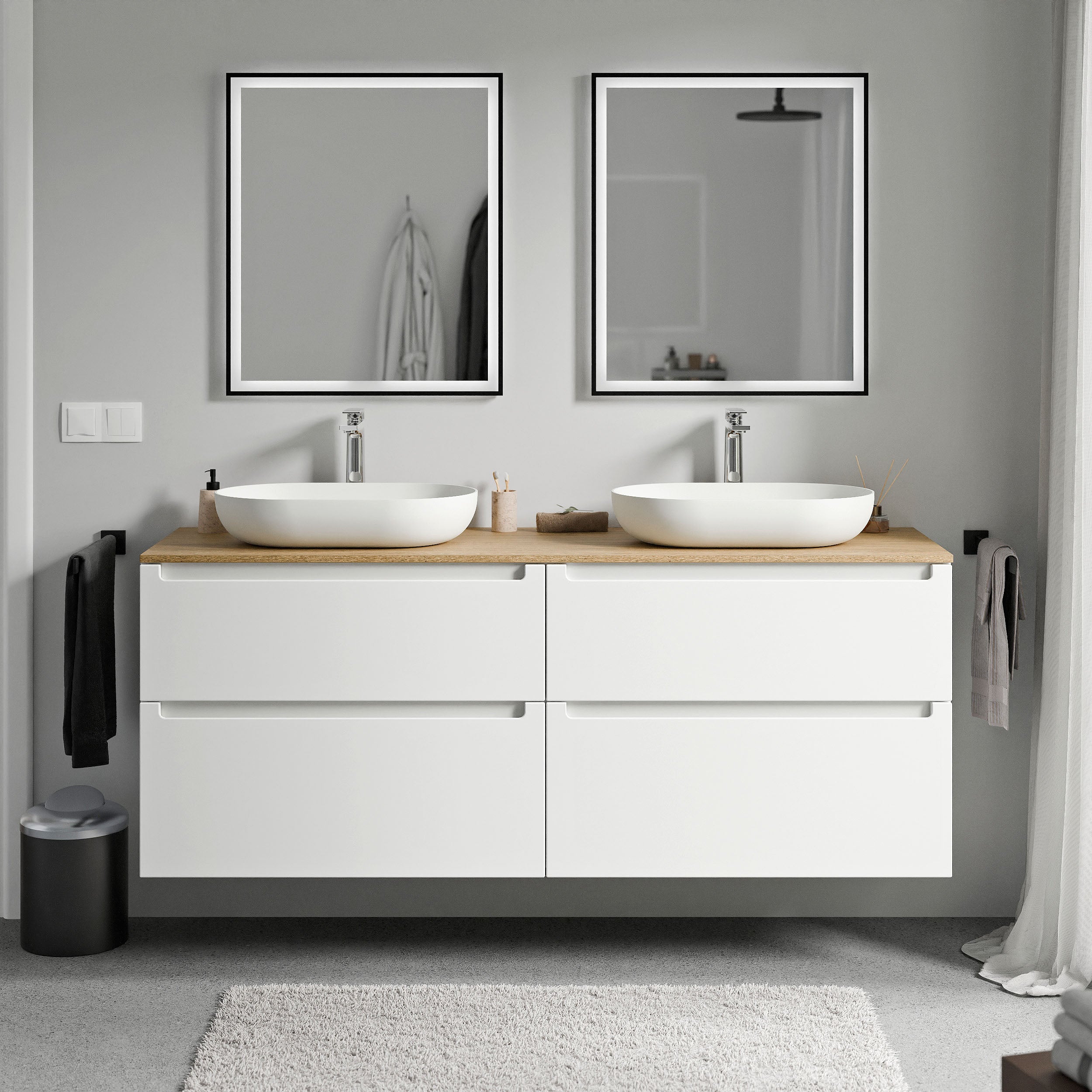 BERNSTEIN - Mueble lavabo suspendido MDF blanco mate, encimera de roble ...