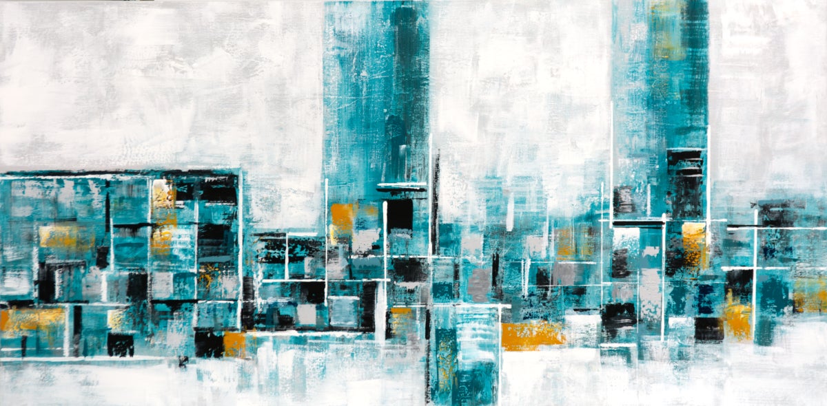 Cuadro Pintado Ciudad Abstracta con Gris, Ocre y Esmeralda, 140x70 cm ...
