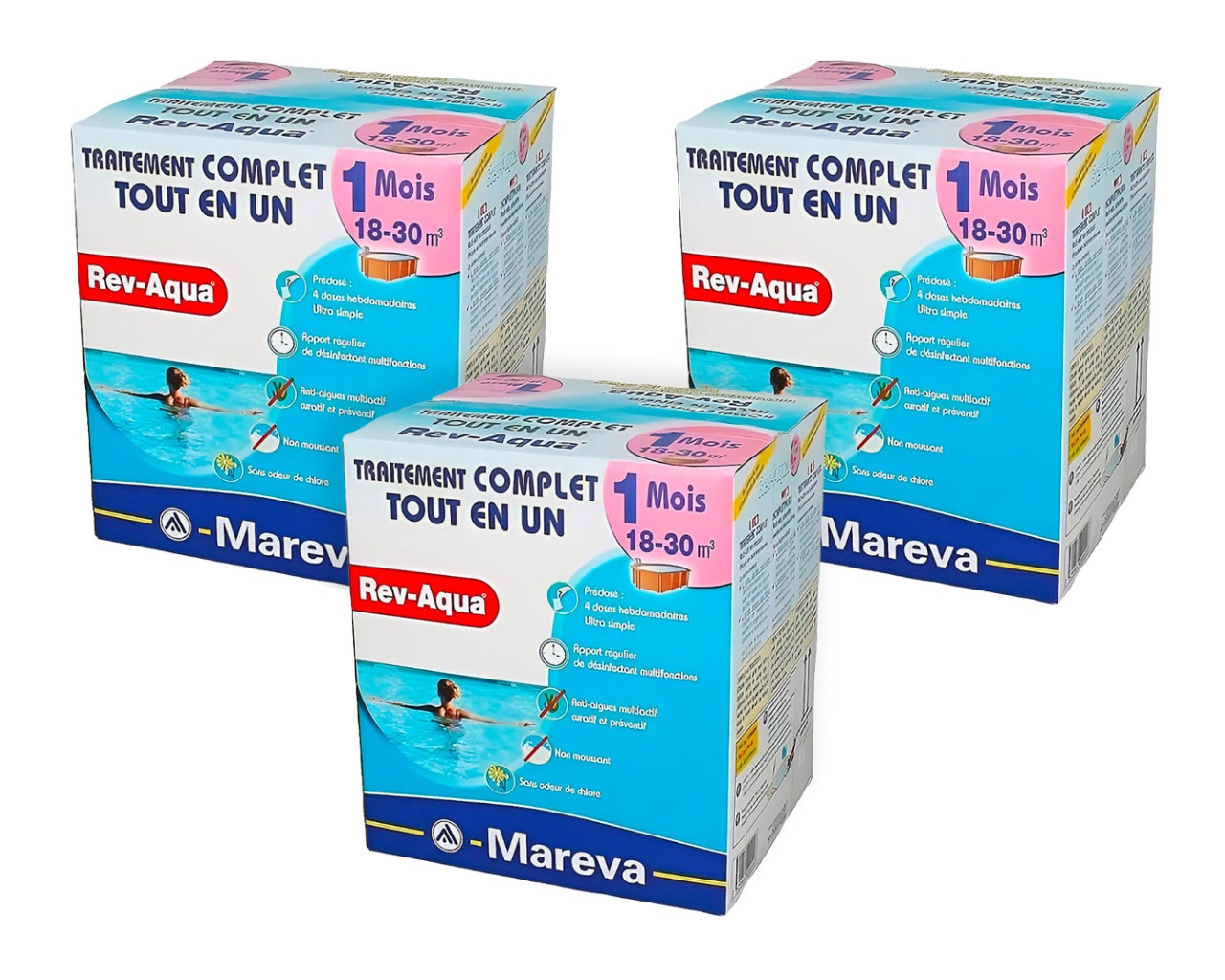 Pack 3 mois traitement sans chlore Mareva REV-AQUA 4 en 1 piscine 18 à ...
