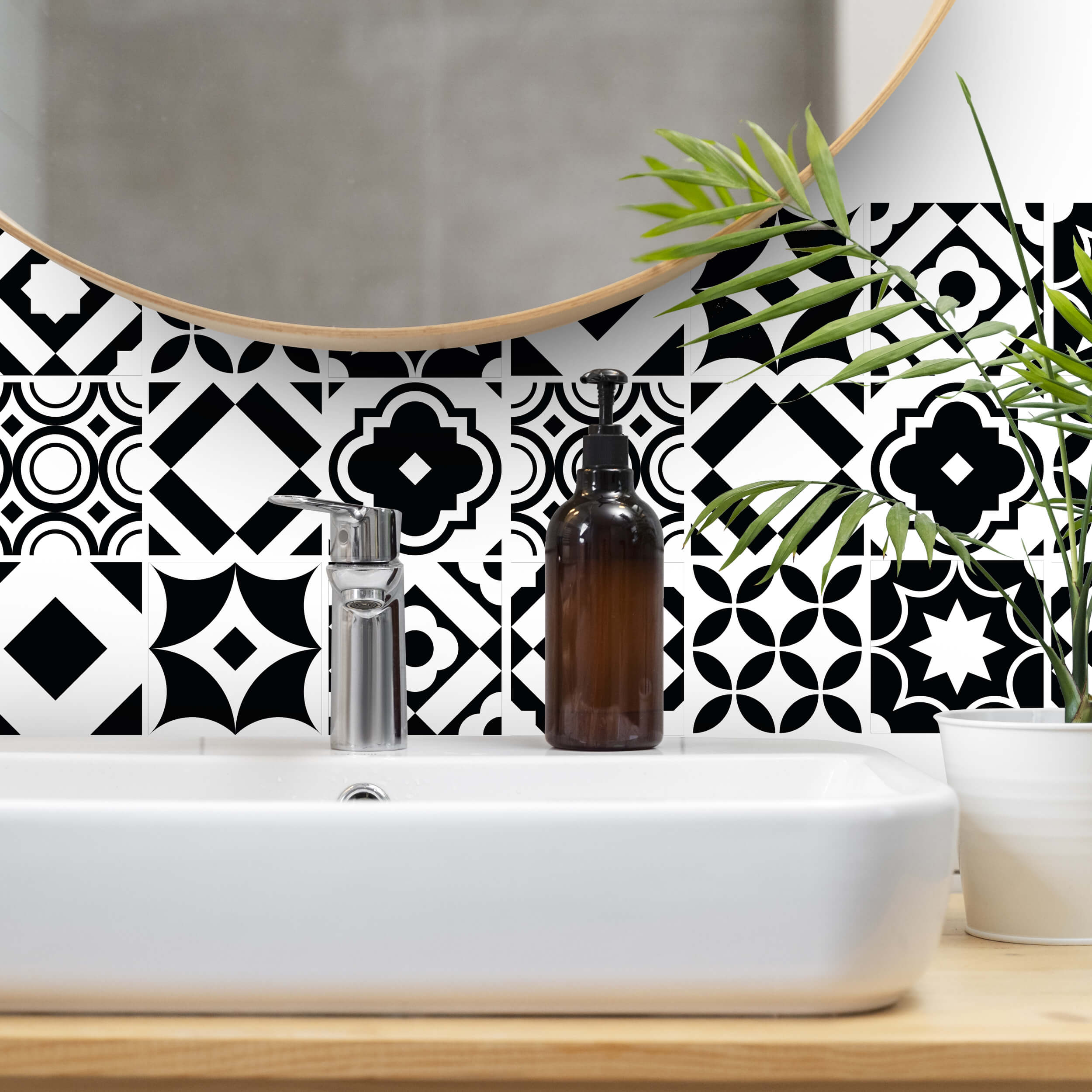 Stickers carrelage carreaux de ciment noir et blanc 10x10cm - Kit de 24 ...