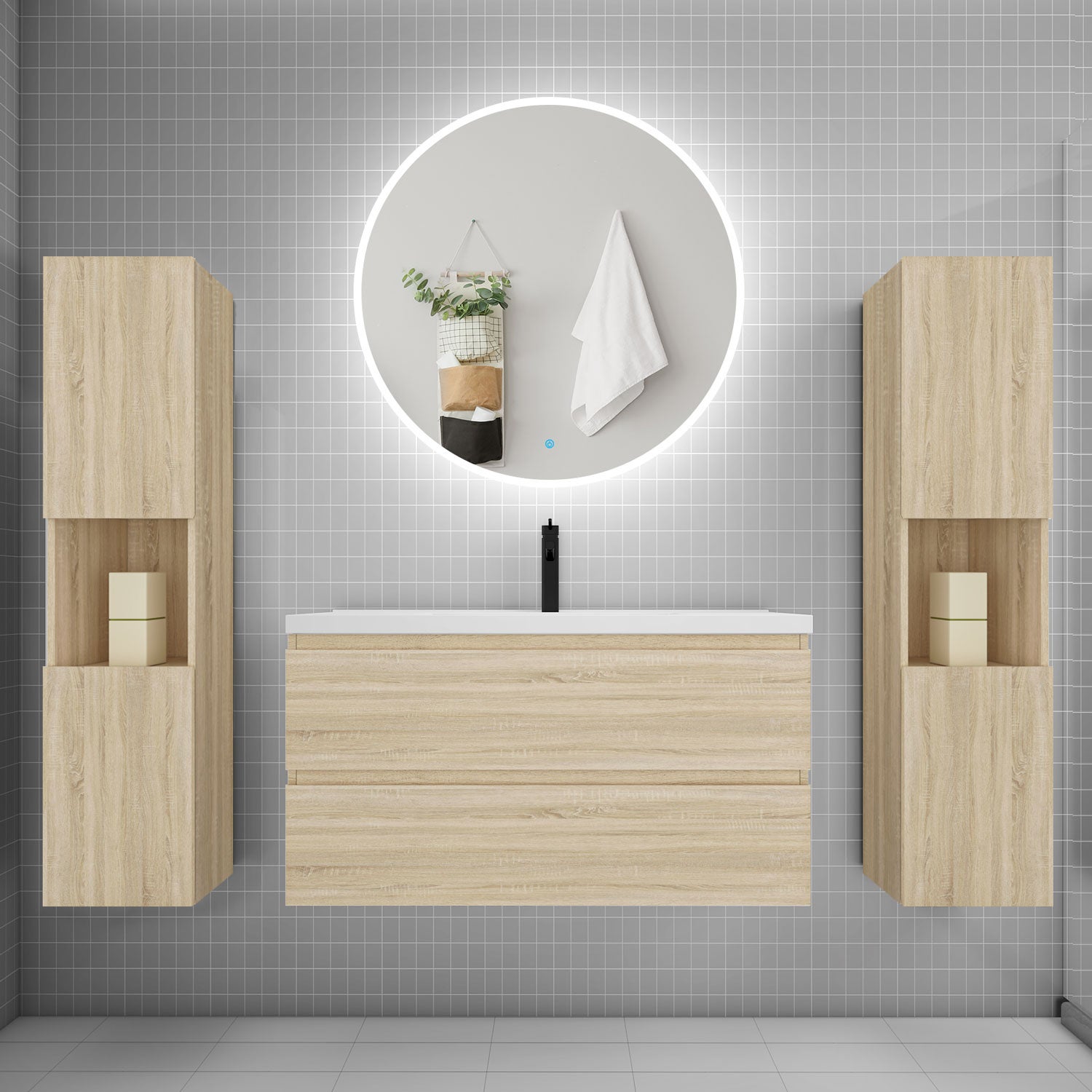 Ensemble meuble vasque L.99cm 2 tiroirs + lavabo + LED miroir rond 90cm ...