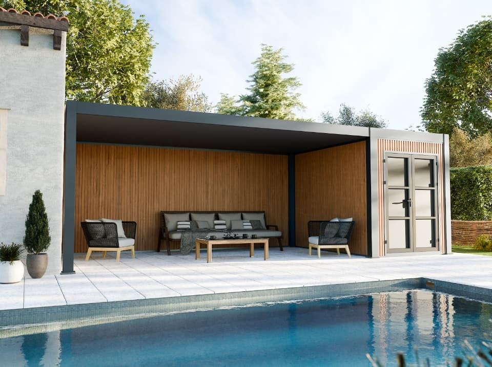 Pergola Aluminium Autoportée avec Abri - 330 x 760 cm - AZURE | Leroy ...
