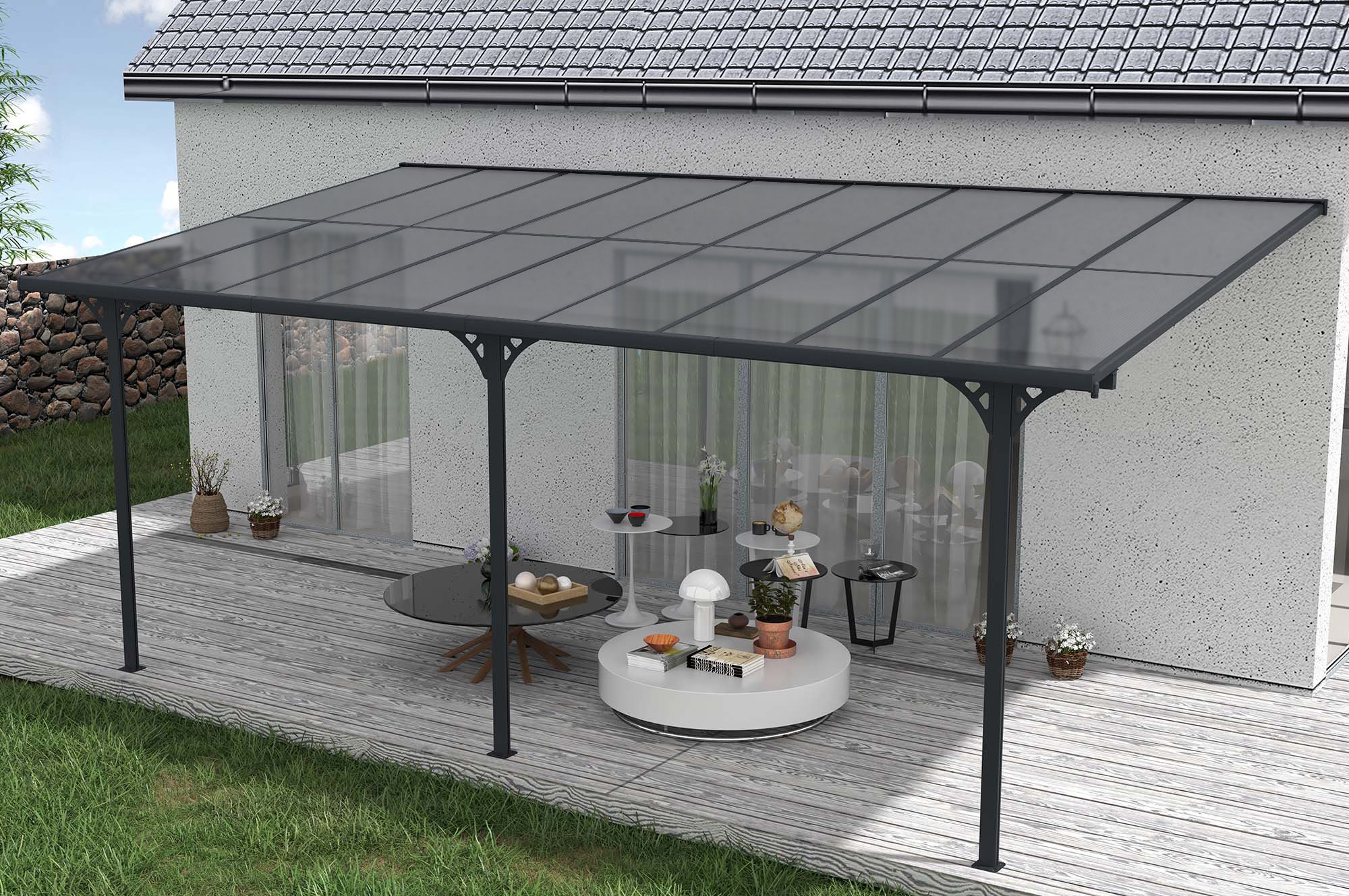 Pergola/Carport adossée 16,5m² KLEO 5,5x3 m aluminium gris | Leroy Merlin