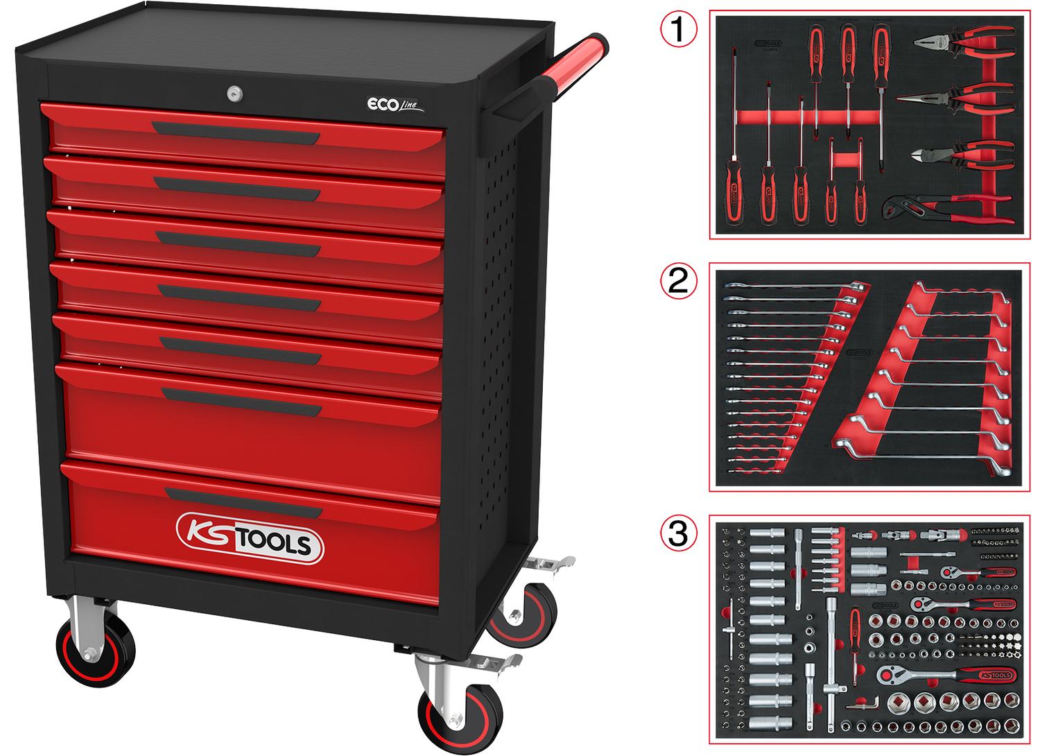 KS TOOLS ECOline Servante d'atelier NOIR/ROUGE avec 7 tiroirs et 215 ...