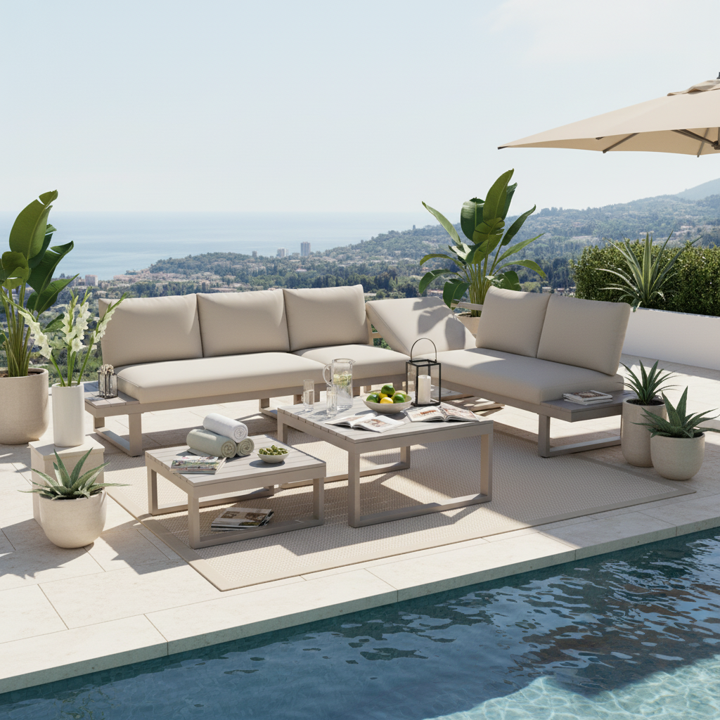 Ensemble de jardin - Acier galvanisé et WPC - Khaki et Beige - 7 places ...