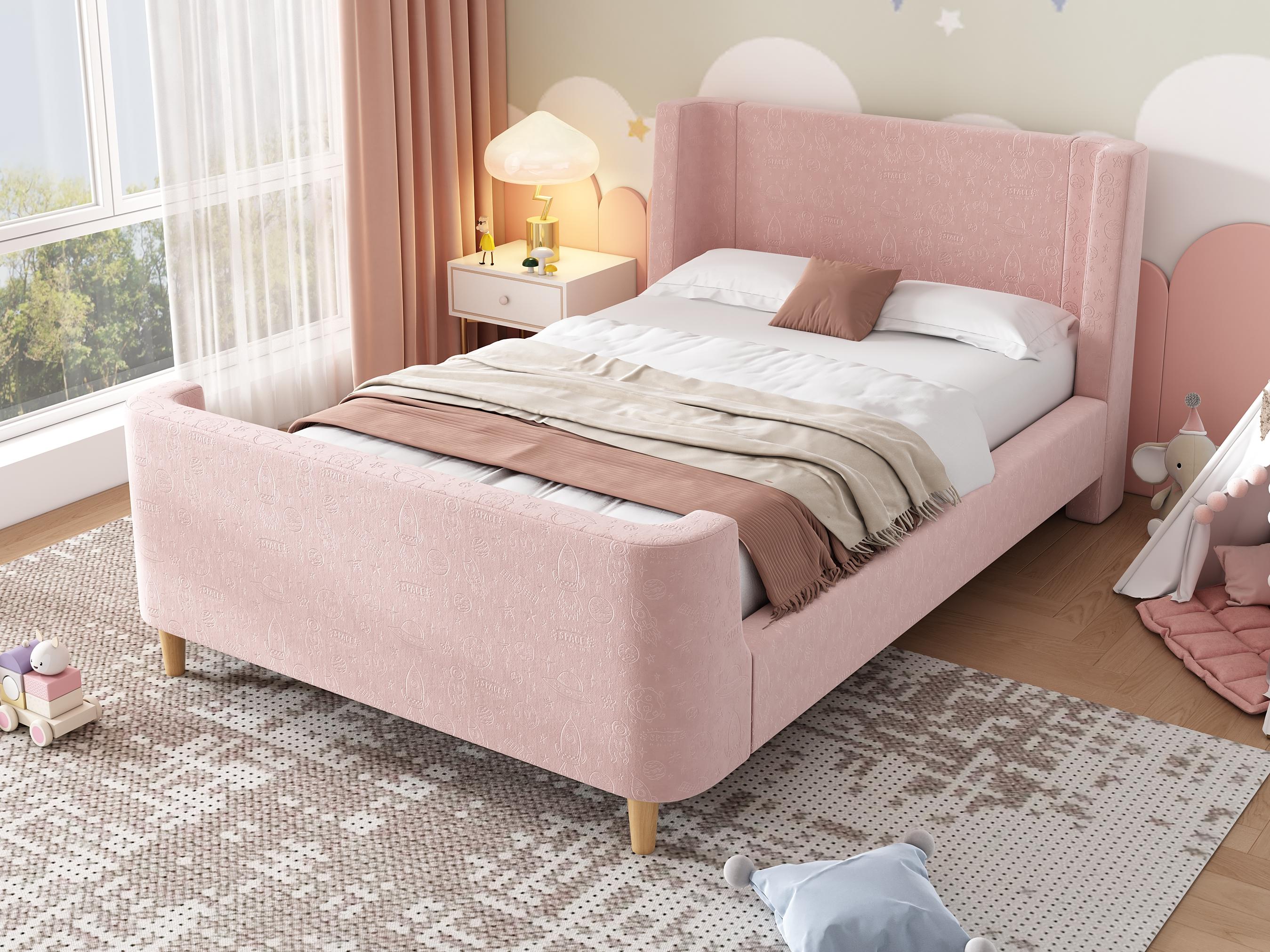 Lit enfant 90x200 cm capitonné en velours Rose (matelas non inclus ...