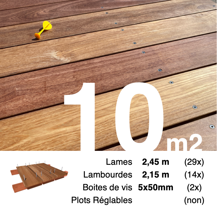 Kit terrasse bois exotique CUMARU pour 10 m² • Lames 2,45 m, lambourdes ...
